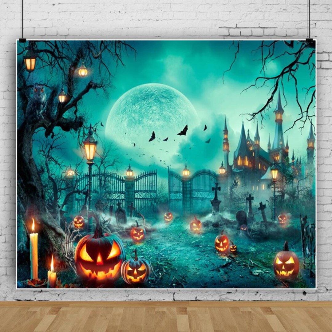 Halloween Photography Backdrop, Full Moon Scary Night Castle Pumpkins ...