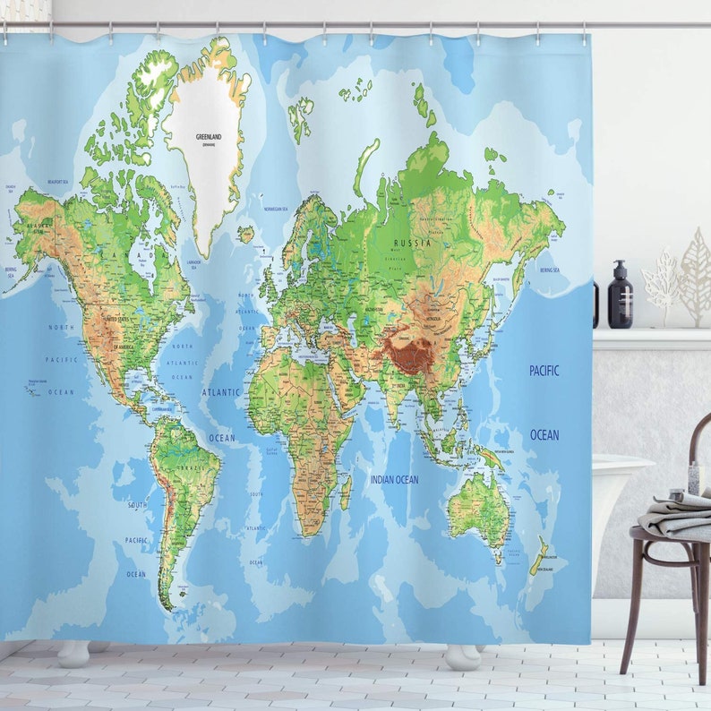 World Map Shower Curtain Topographic Map of the World | Etsy