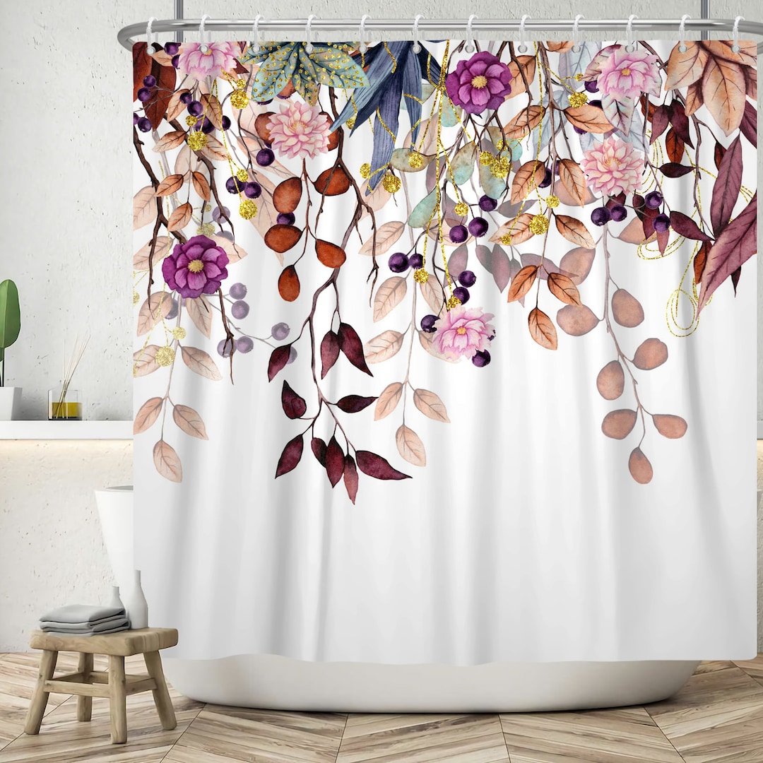 Floral Shower Curtain Set With Hooks Watercolor Decorative Bath Curtain ...