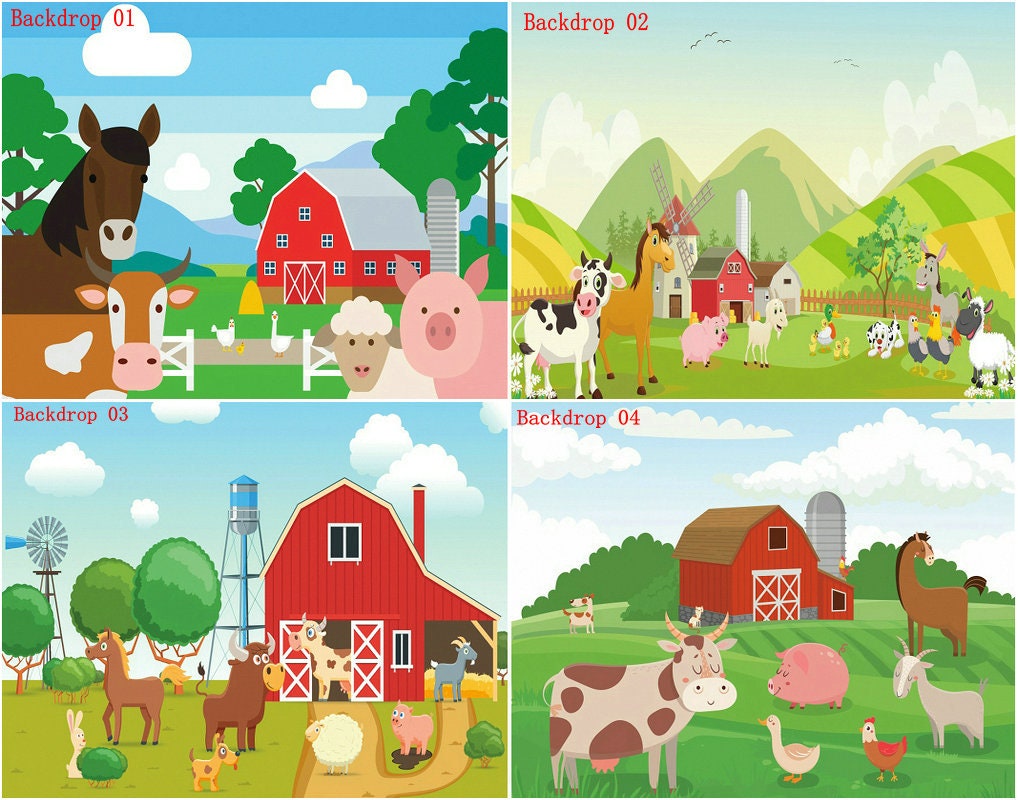 Red Barn Cartoon Farm Animals Party Backdrop Children Newborn | Etsy