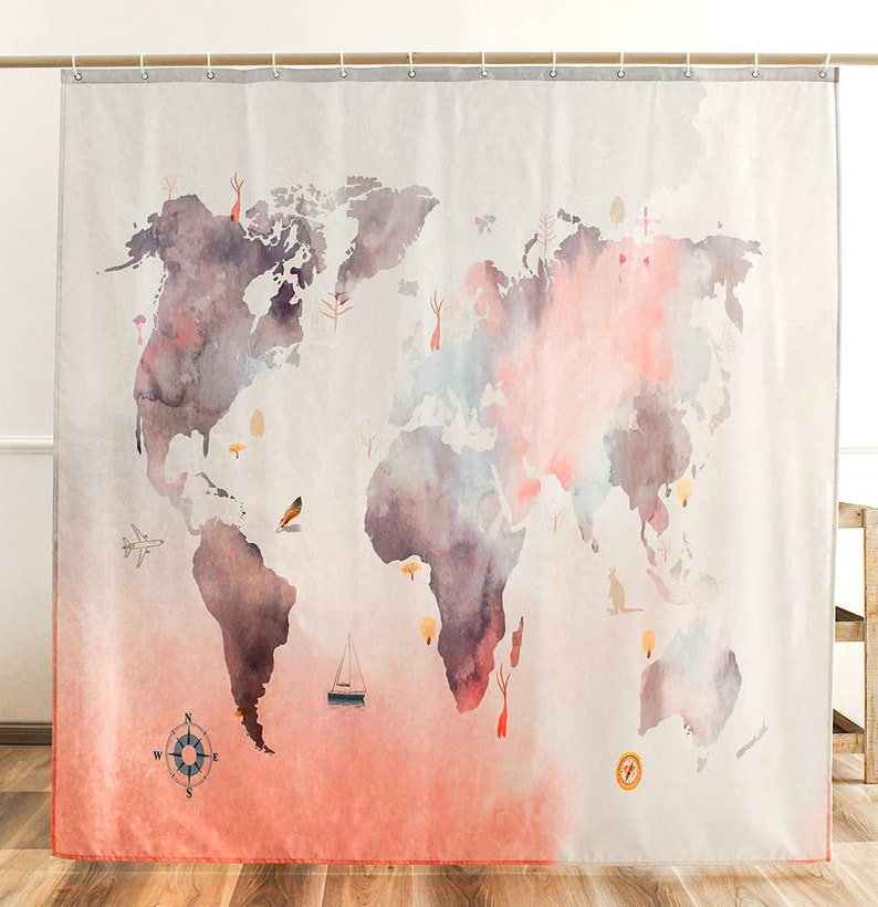 World Map Shower Curtain Topographic Map of the World | Etsy