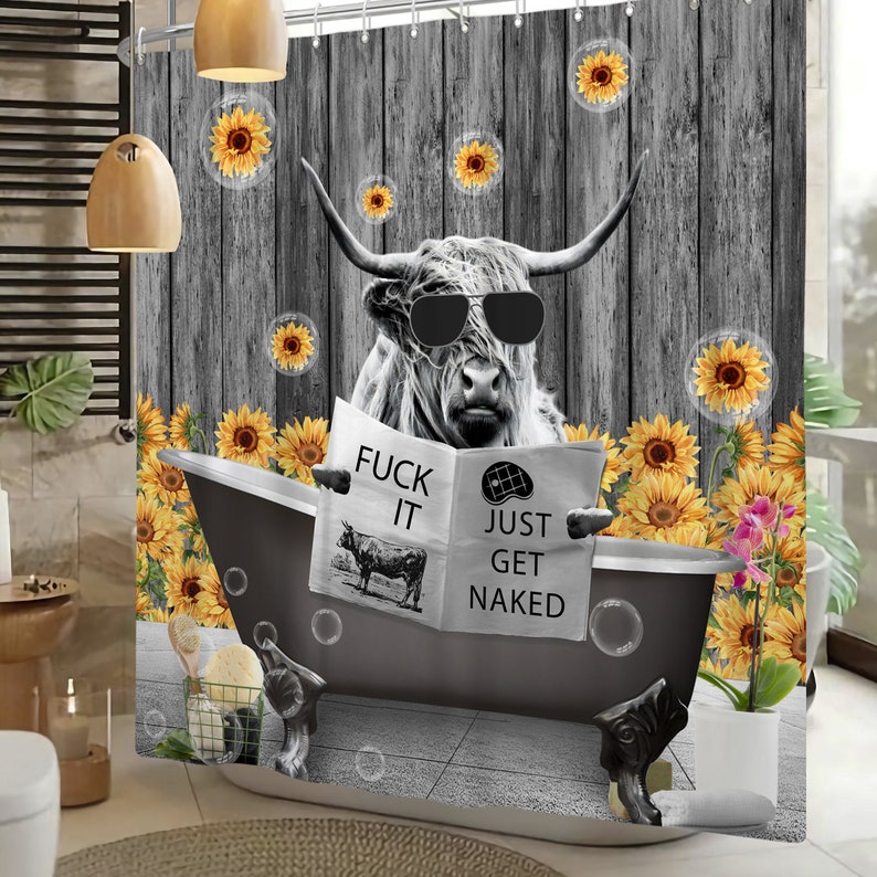 Funny Cow Shower Curtain Animal Bull and Sunflower Get Naked - Etsy