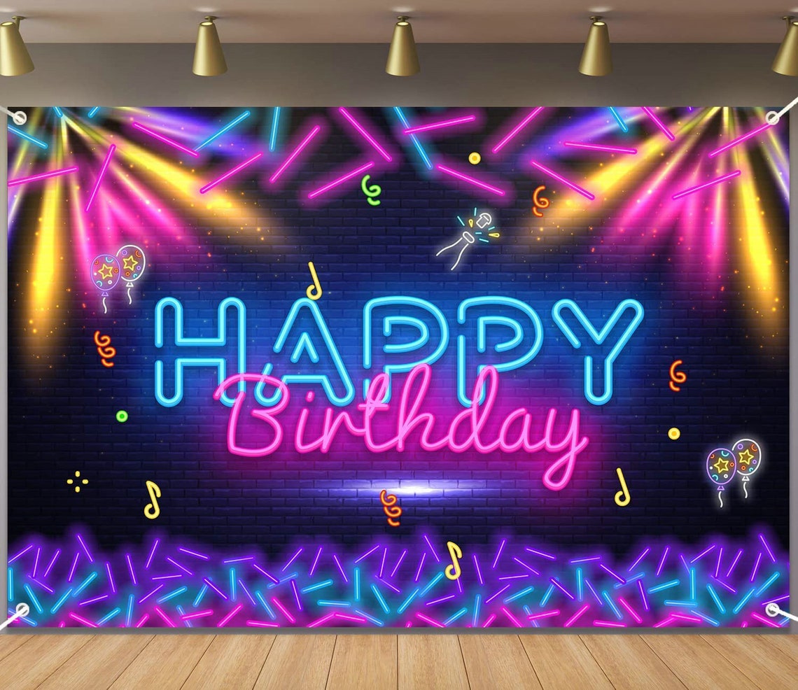 Neon Happy Birthday Banner Backdrop Let Glow Party Disco Dance | Etsy