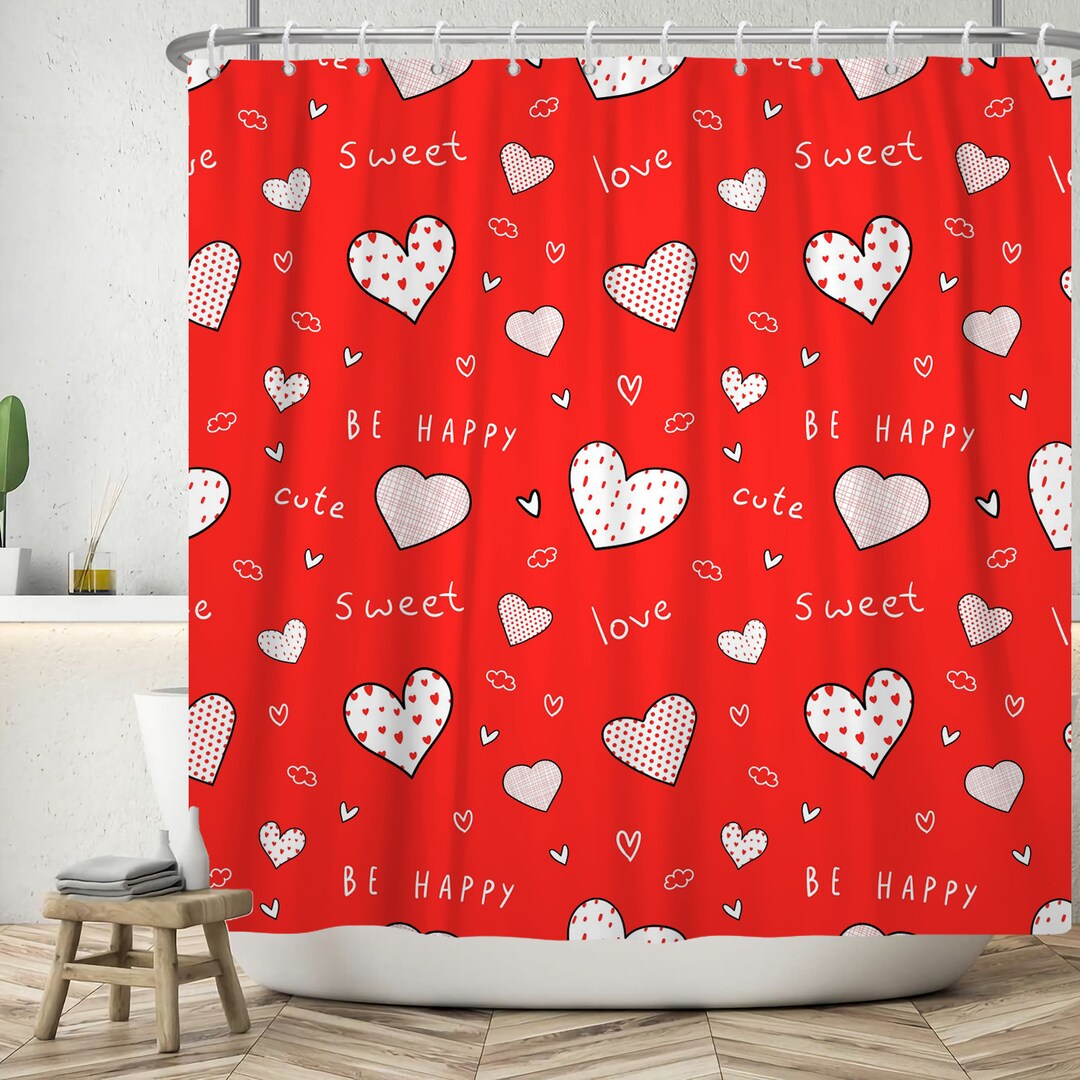 Red Background Heart Shower Curtain Valentine's Day Romantic Shower ...