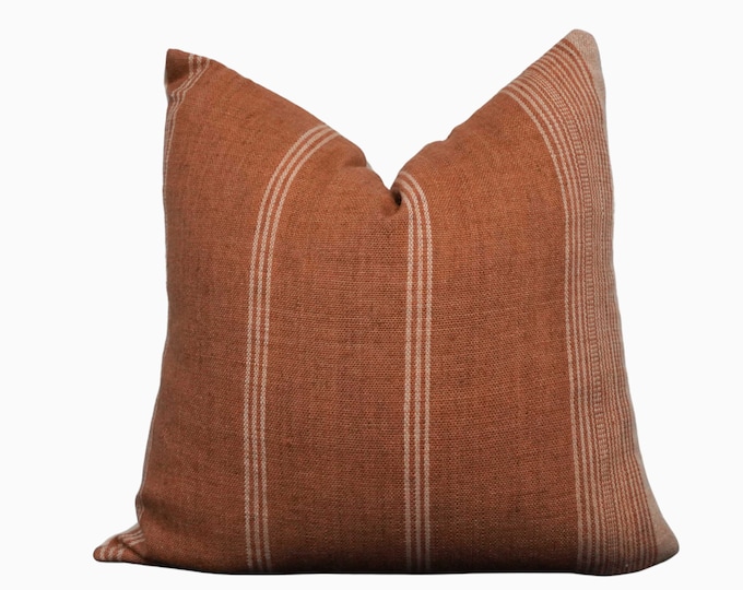 White Striped Indian Wool Pillow Cover, Salmon Blush Rust Striped ...