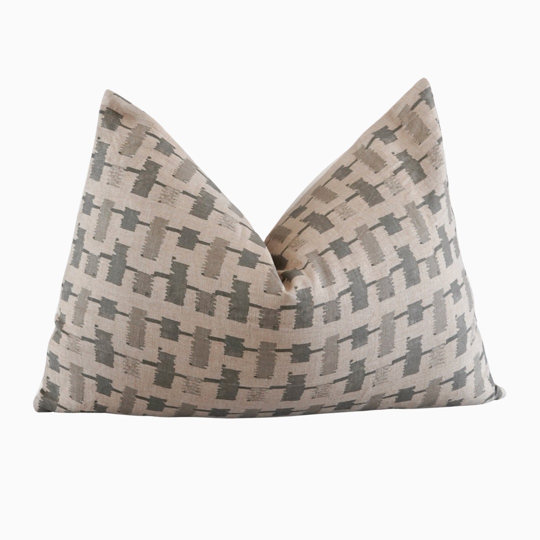Lumbar Tan Teal Linen Pillow Cover, Tan Teal Geometric Natural Linen ...