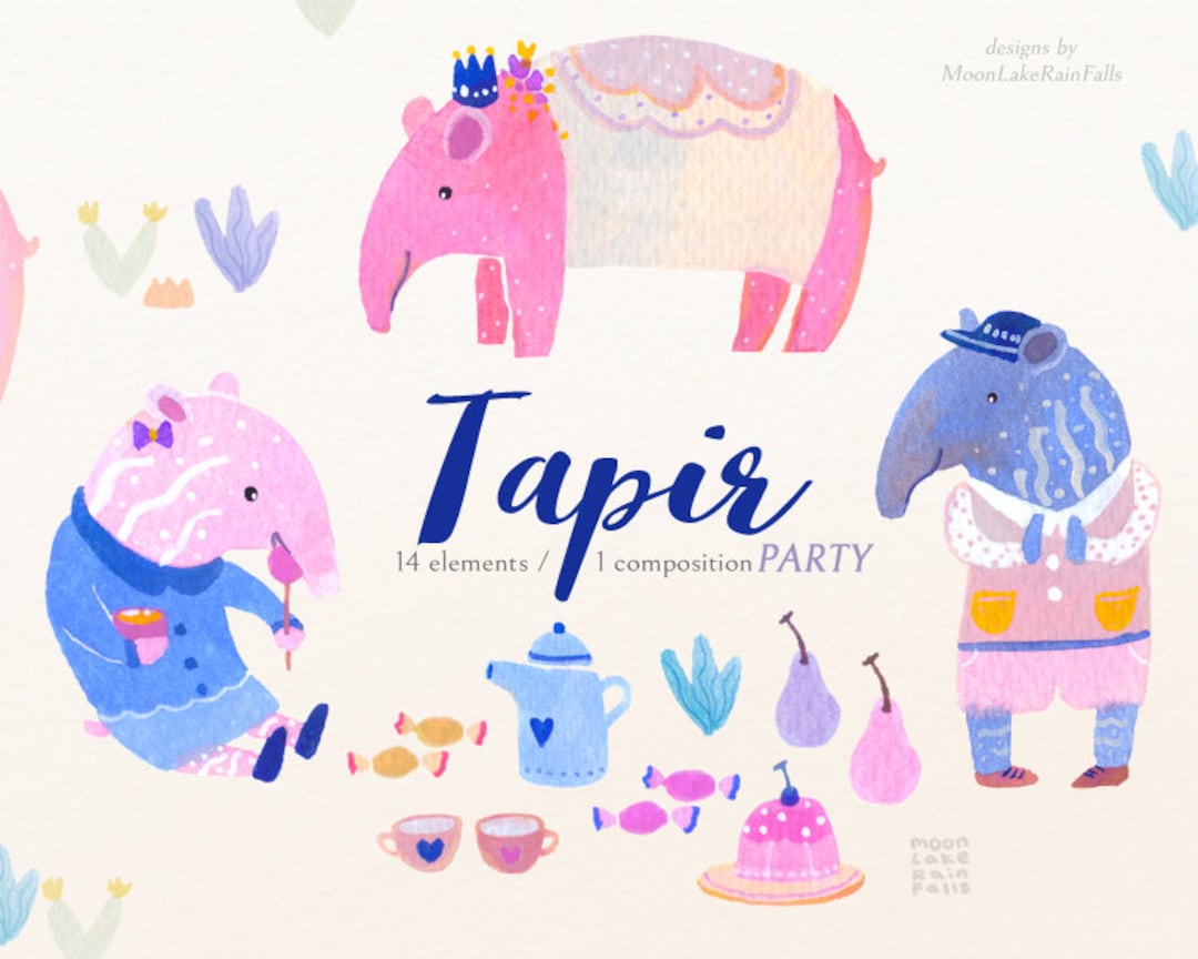 Watercolour Tapir Clipart, Wall Art, Party Clip Art, Tapirs Party ...