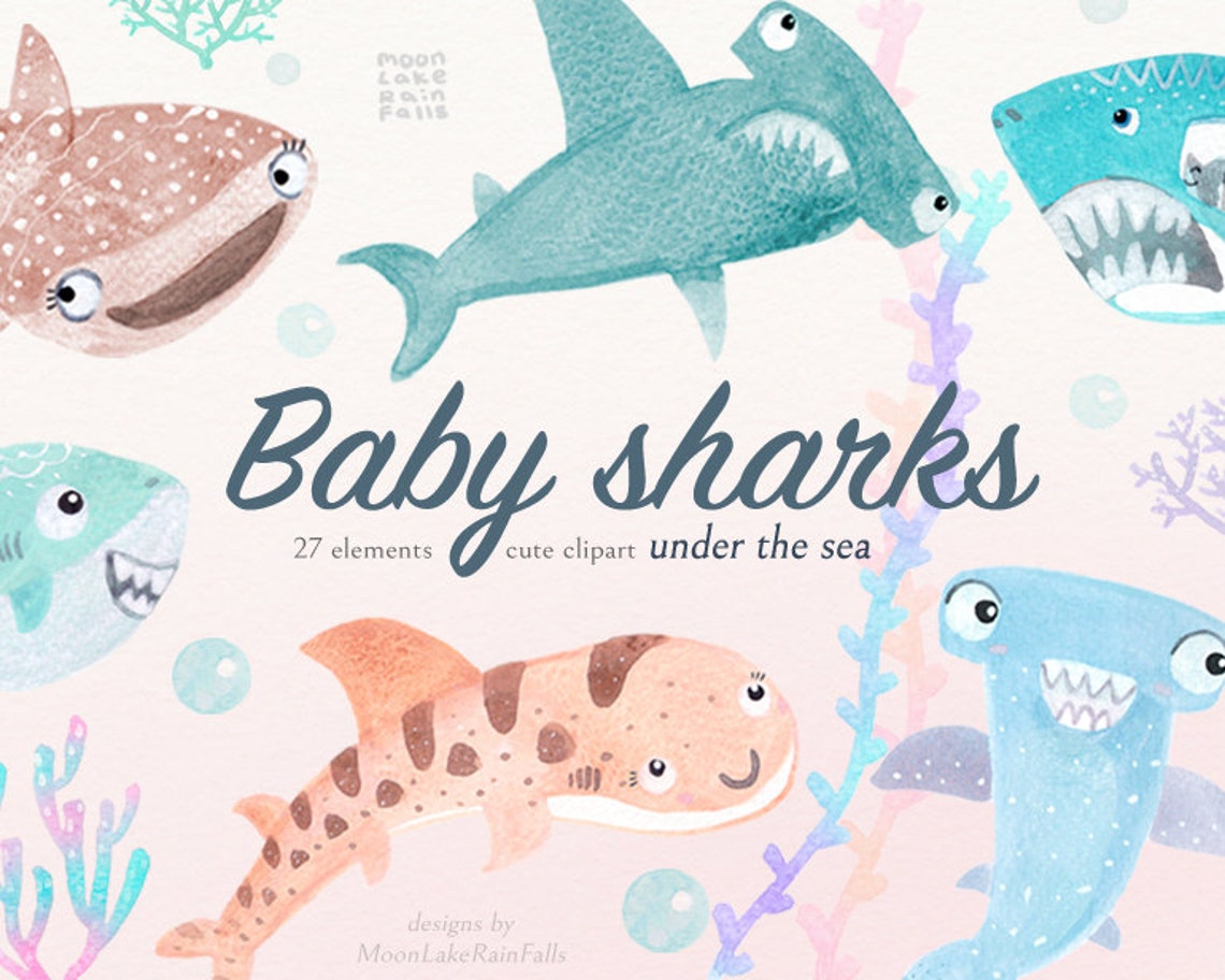 Watercolor Baby Shark Clipart - Baby Sharks Clip Art, Sharks Printable ...