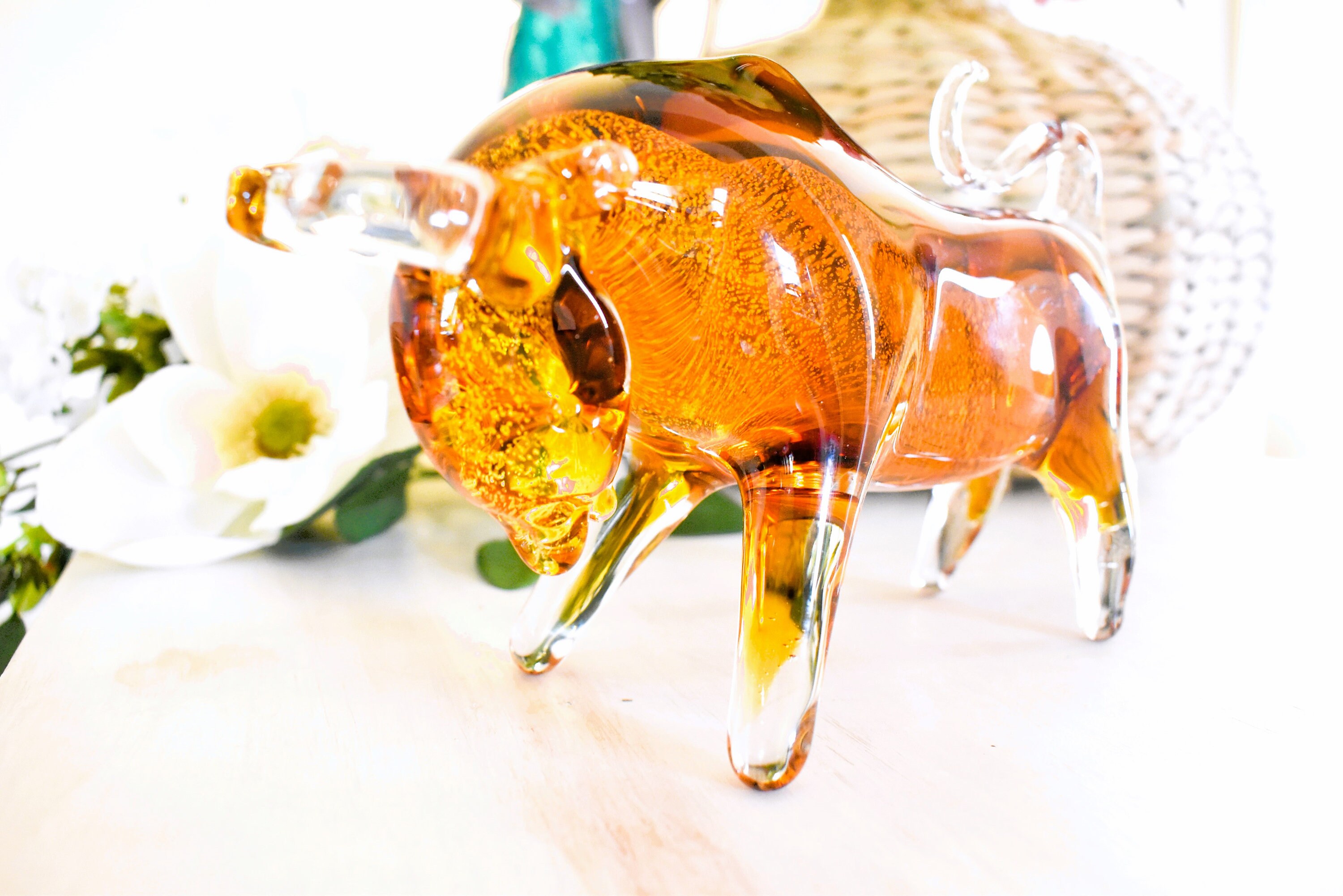 Handblown Art Glass Amber Bull Statue - Etsy