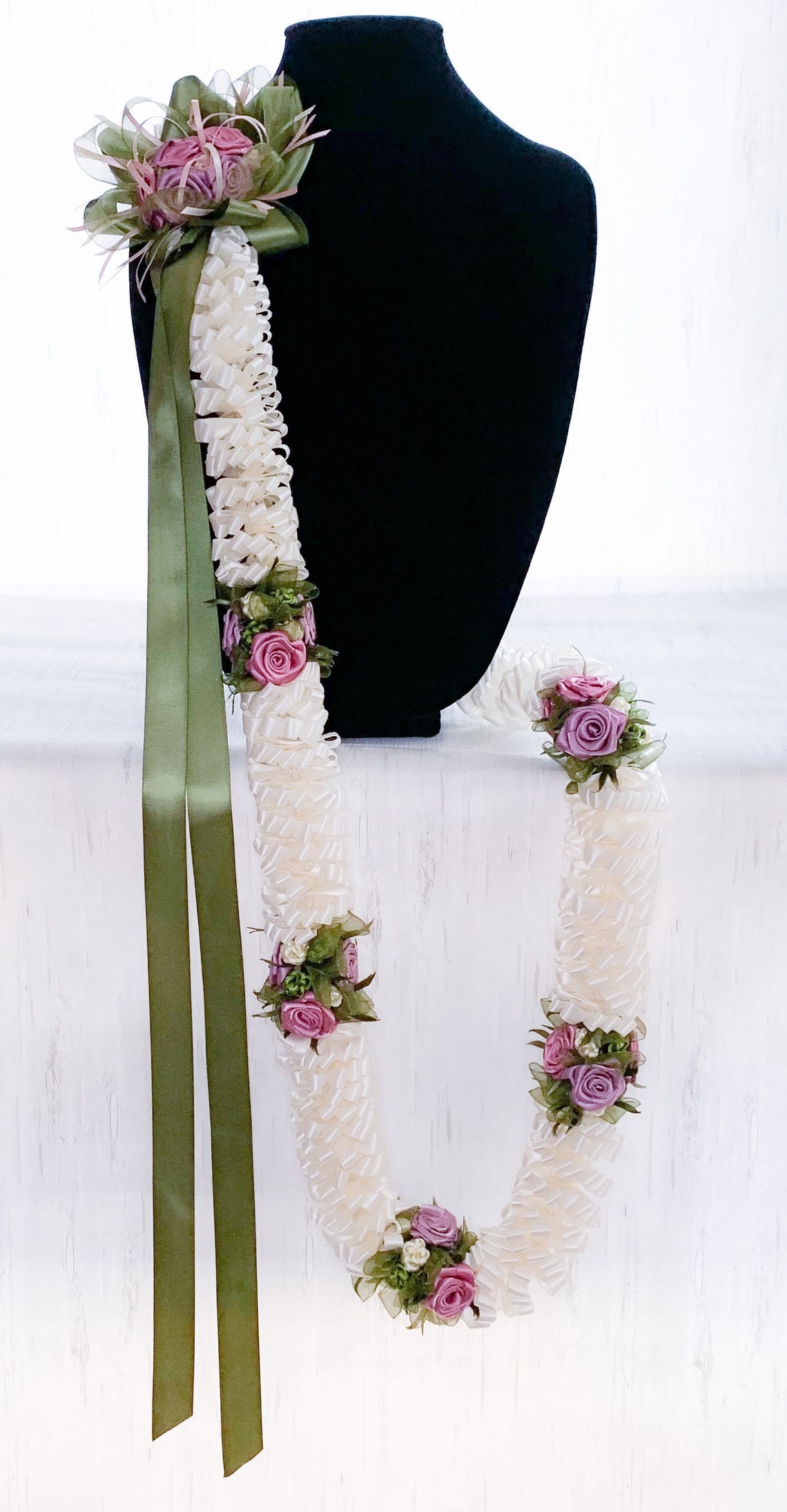 Off-white Ribbon Sash Lei With Mauve and Colonial Rose Satin - Etsy
