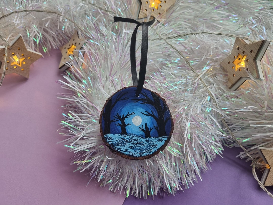 Blue Forest Landscape Wood Slice Ornament Hanging Christmas Tree ...