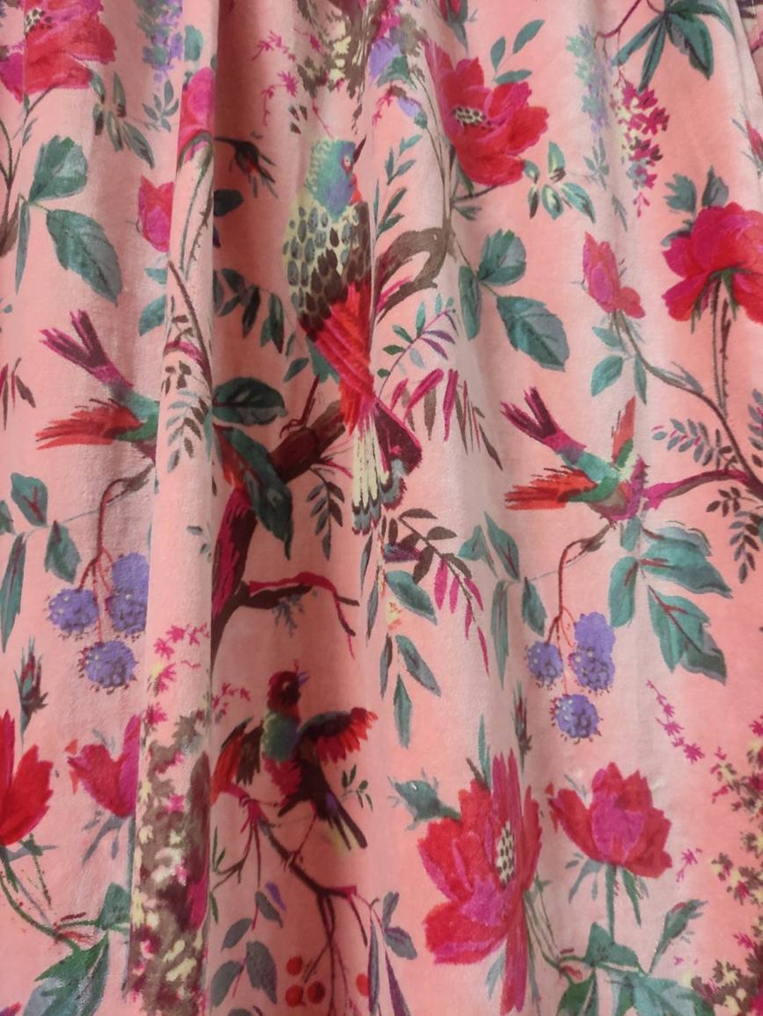 Vintage Cotton Velvet Peach Pink Color Bird Print Luxury - Etsy
