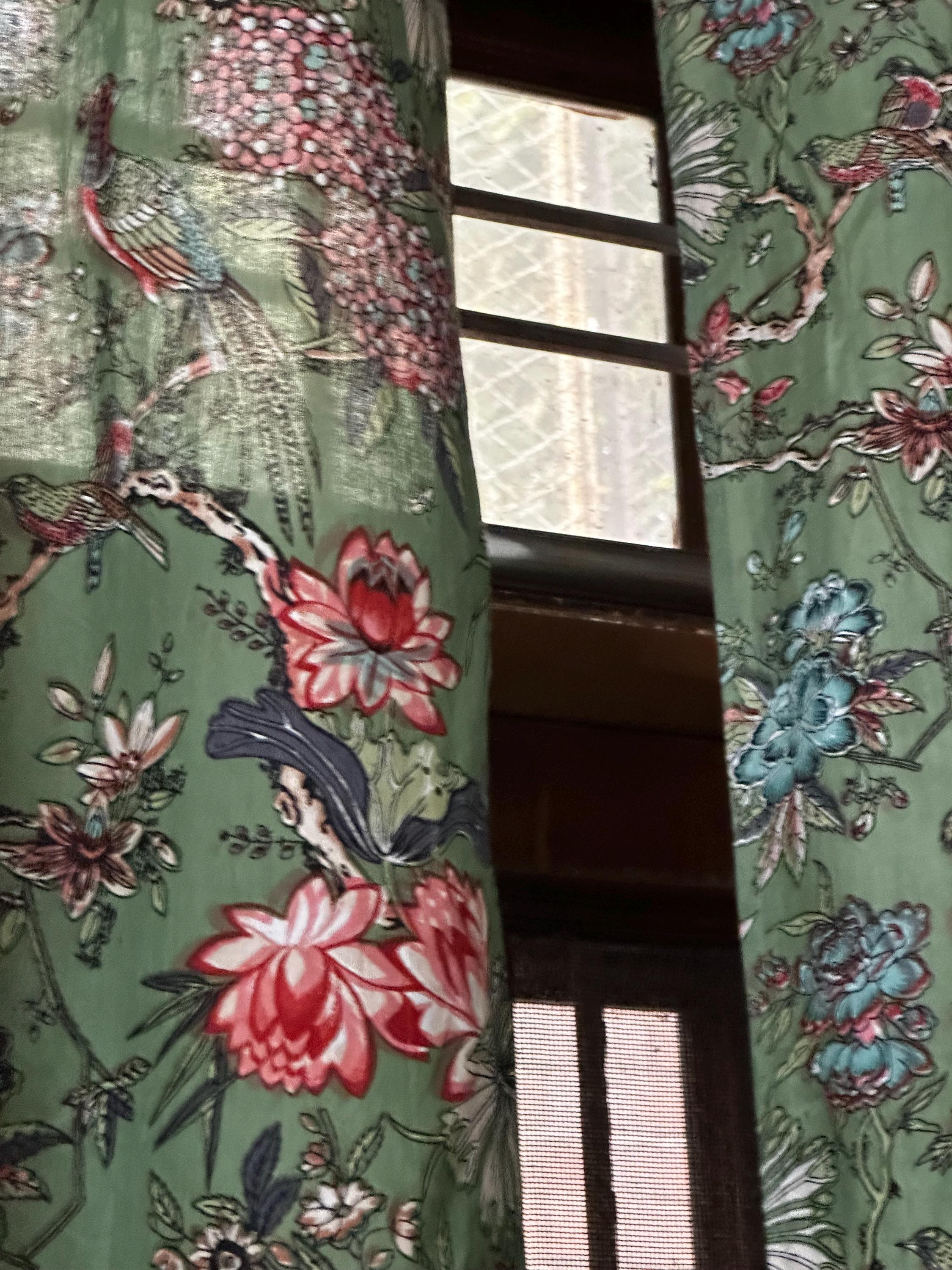 Sage Green Floral Bird Print Cotton Curtain - Boho Drapes (set of Two ...