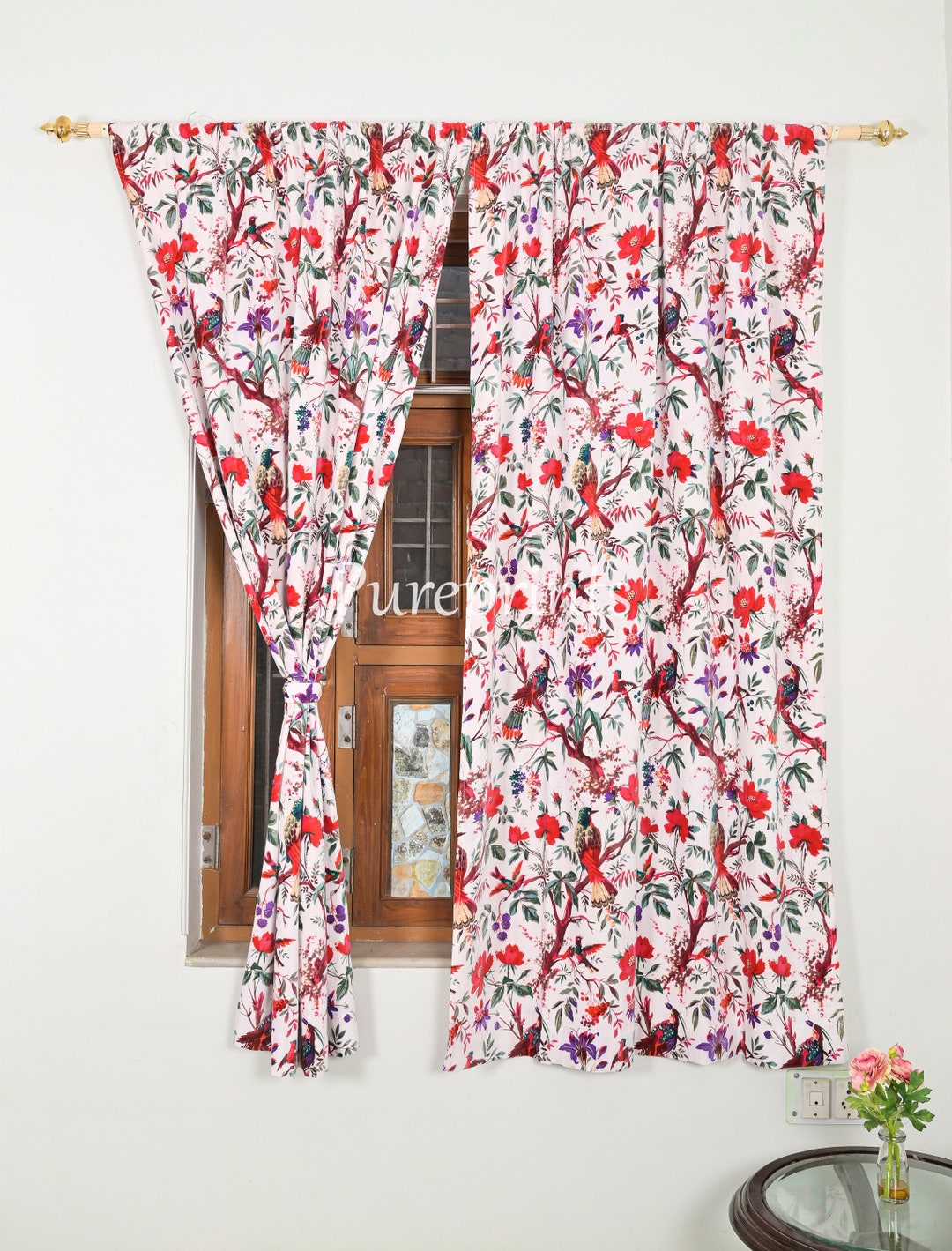 Vintage Style Cotton Velvet Bird Print Luxury Curtain, Housewarming ...