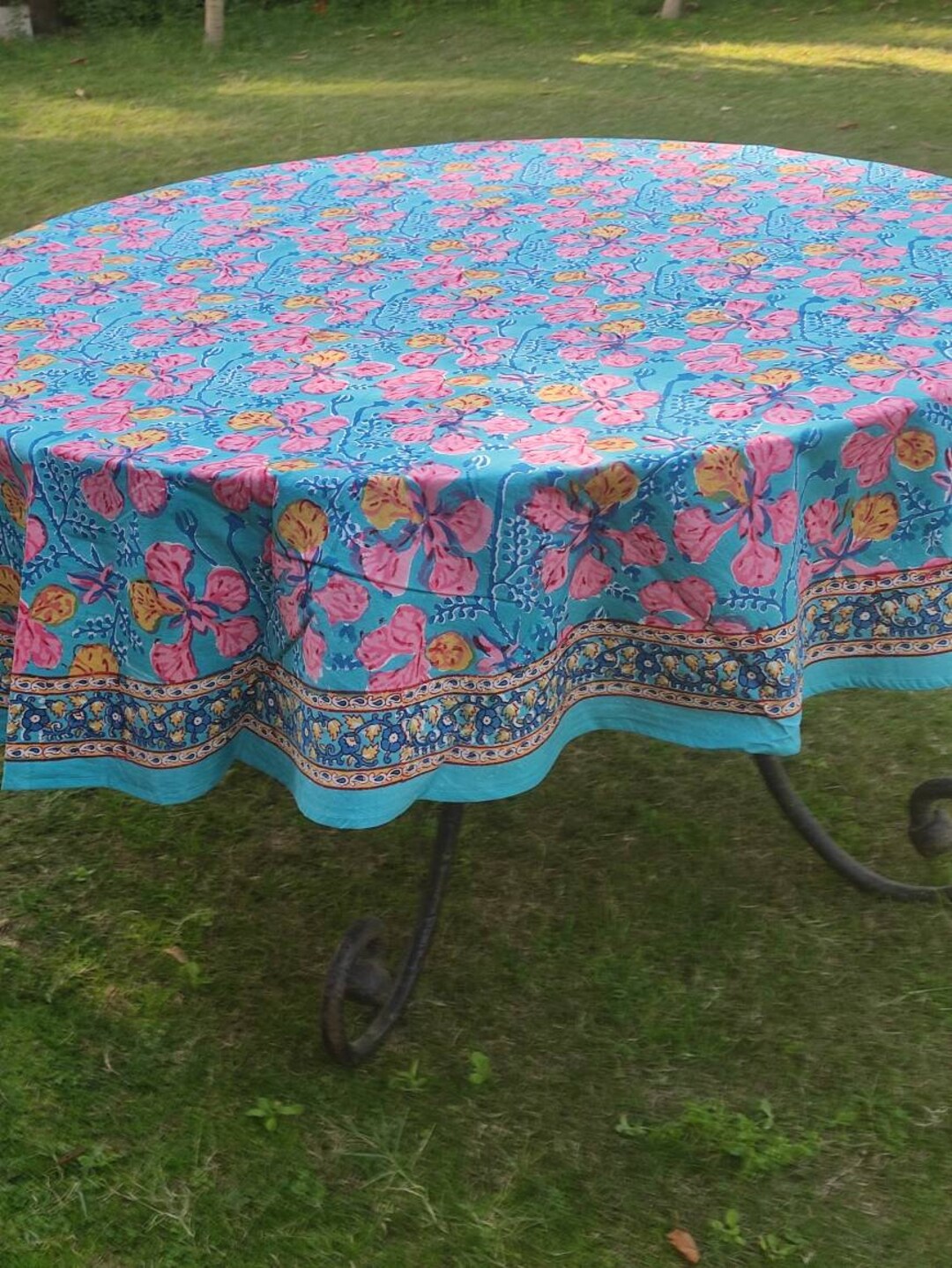 Hand Block Print Round Tablecloth: Floral Sheeting Fabric, 8 Seater - Etsy