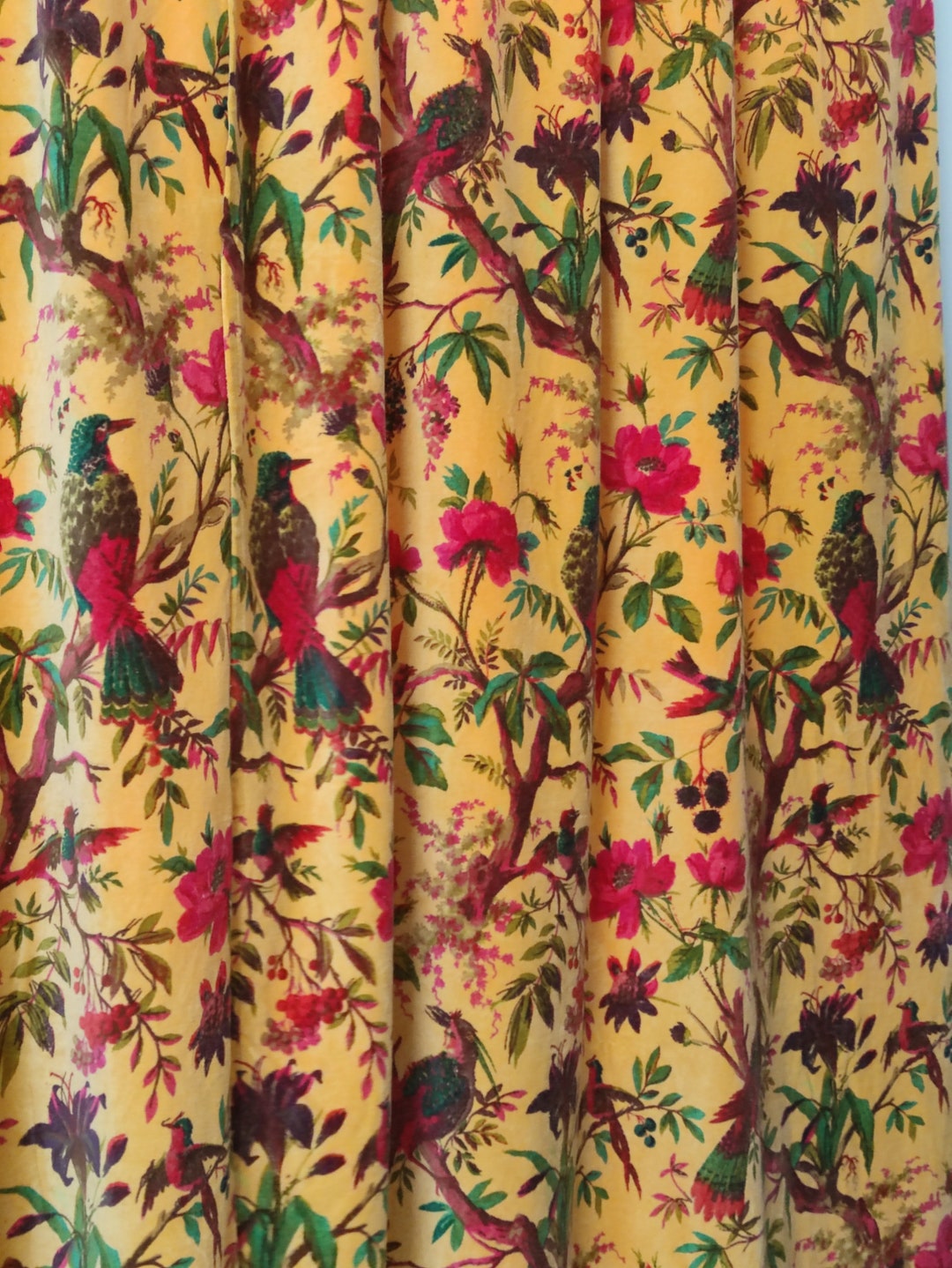 Vintage Style Cotton Velvet Yellow Bird Print Luxury Curtain, Boho ...