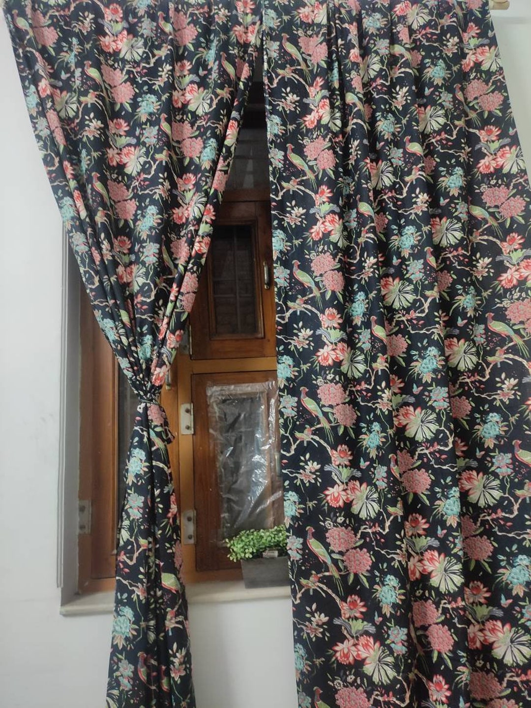 Peacock Wild Flower Semi Sheer Cotton Curtain, Set of Two Curtains ...