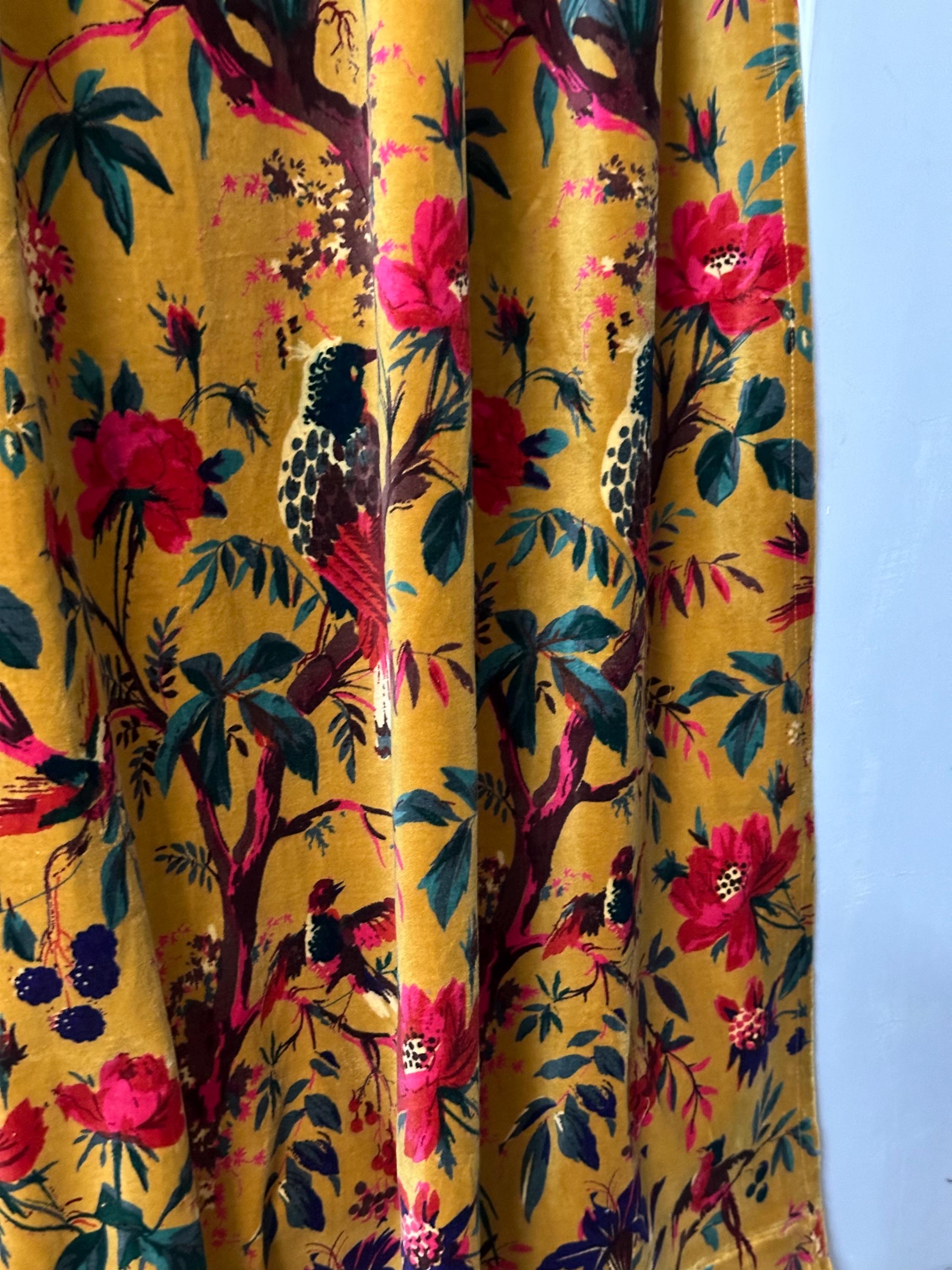 Vintage Style Velvet Curtain: Golden Mustard Bird of Paradise Print ...