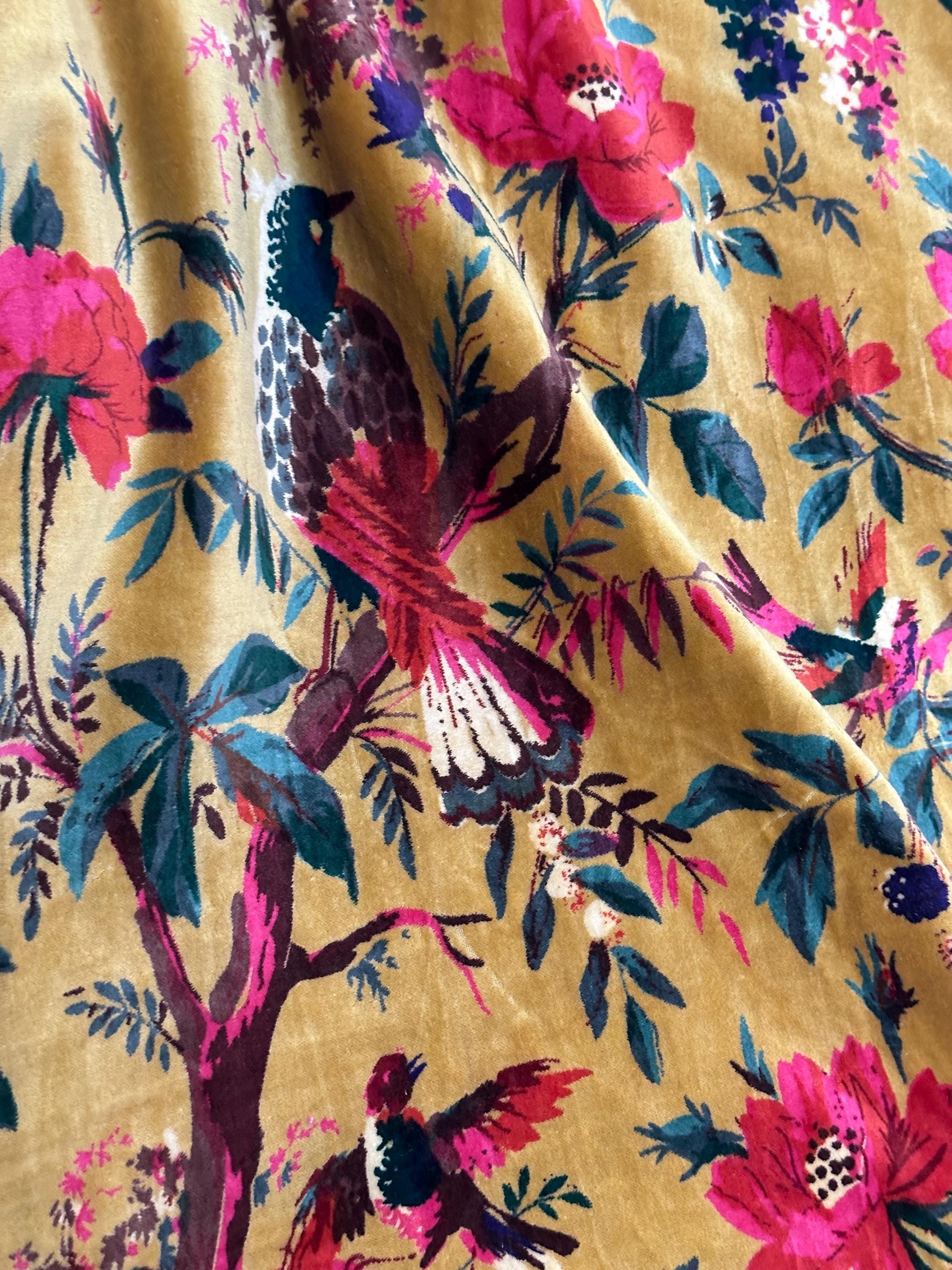 Vintage Style Velvet Curtain: Golden Mustard Bird of Paradise Print ...