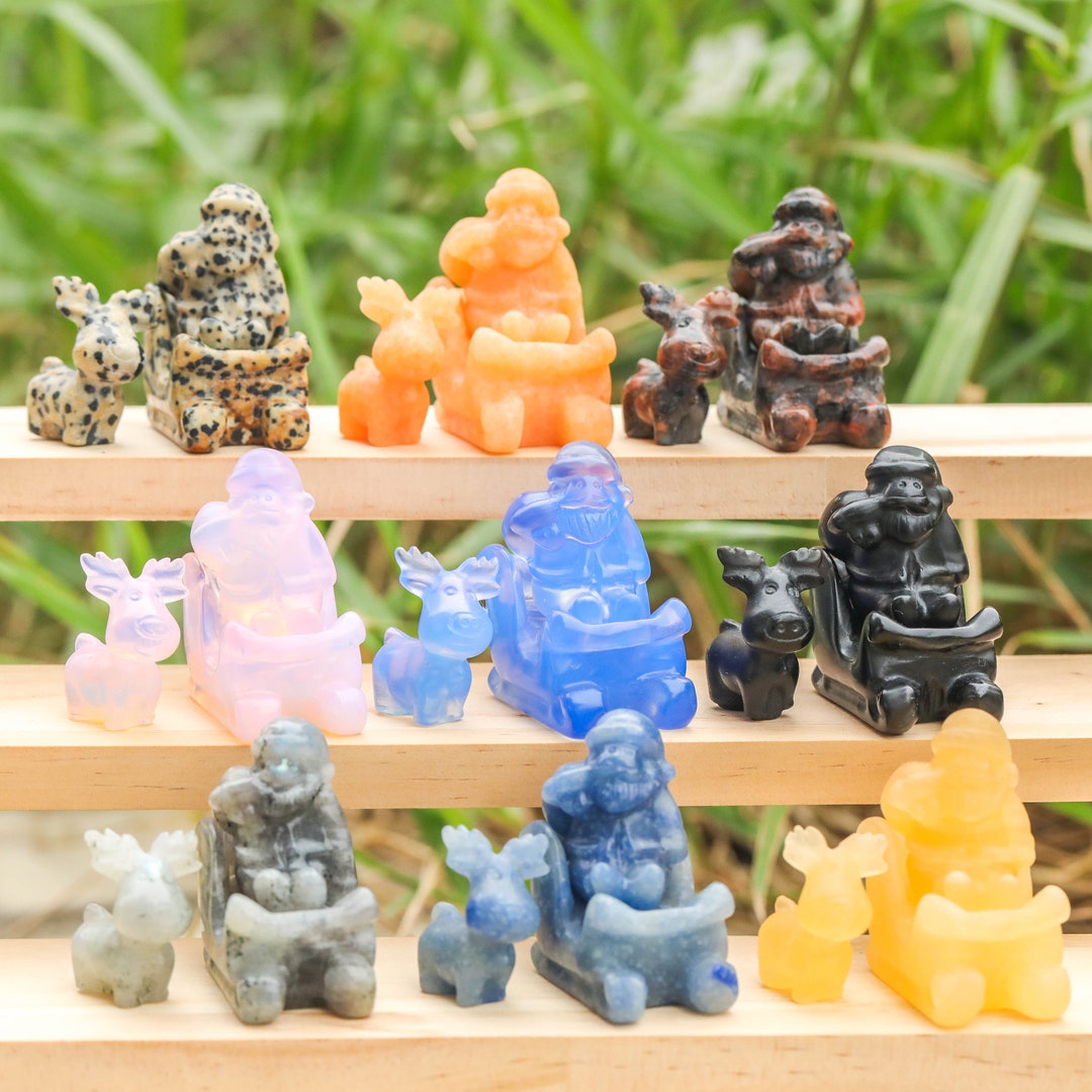 Christmas Gifts Set Natural Hand Carved Crystal Santa Claus,crystal Elk ...