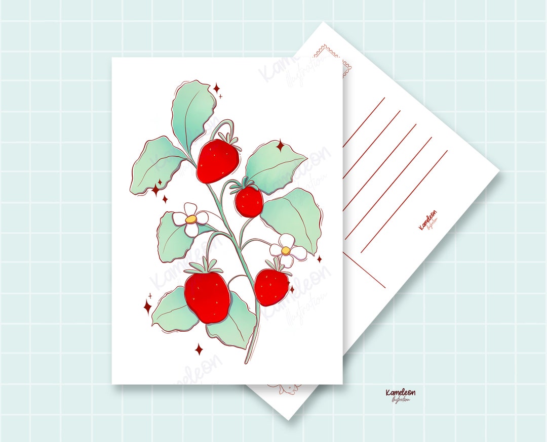 Fruit Postcard, Strawberries Postcard, Cute Postcard, Kawaii Postcard ...