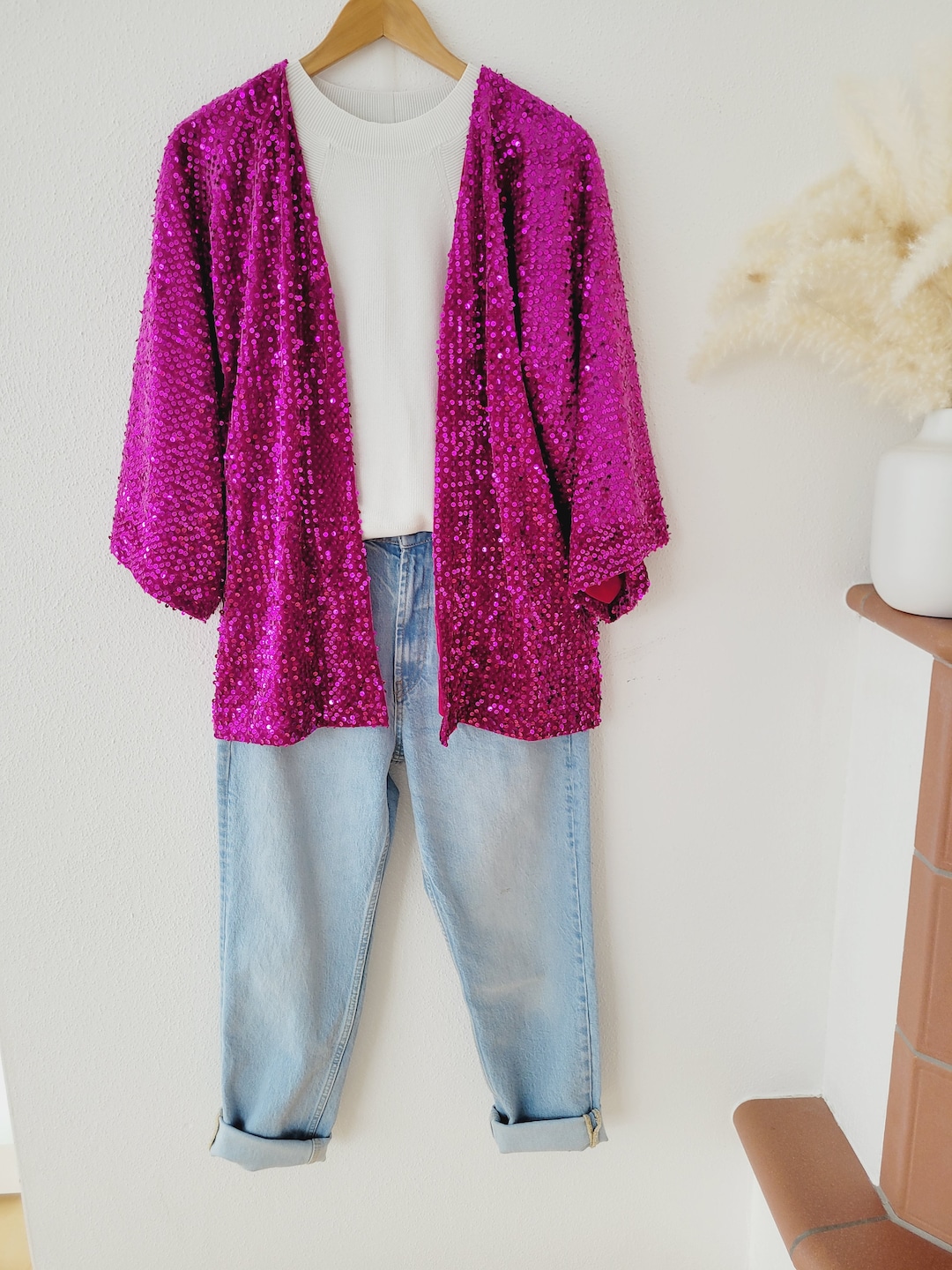Fuchsia Sequin Jacket Oversized Party Light Jacket, Pink Velvet Jacket ...