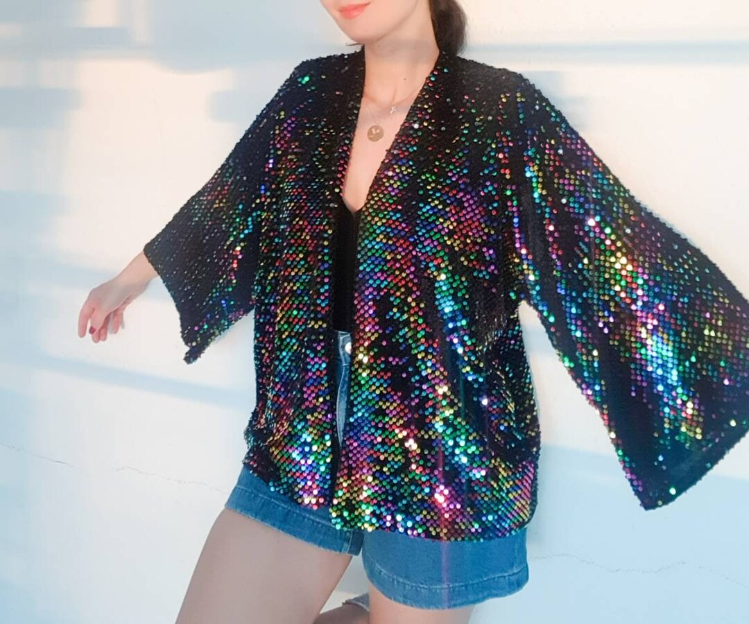 Customized Black Sequin Jacket, Unisex Rainbow Sequined Jacket, Men Velvet Oversized Jacket ...