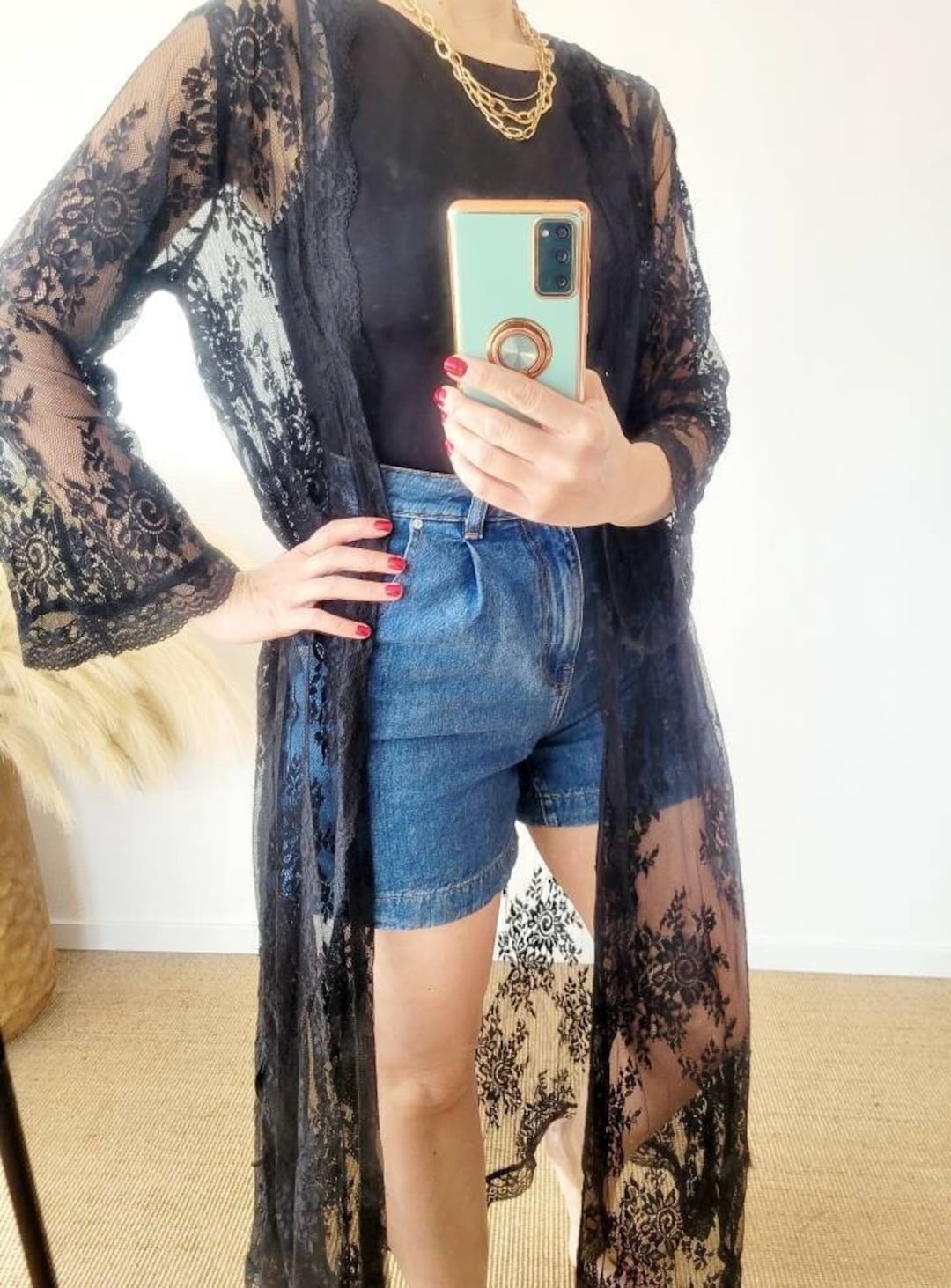 Black Lace Long Kimono Robe/floor Length Black Tulle Kimono/transparent ...