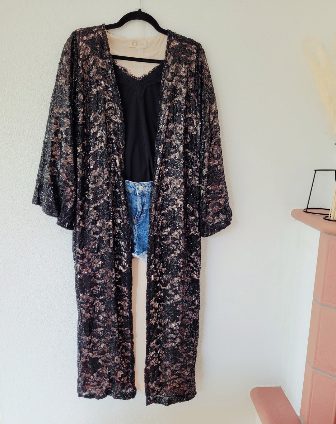 Black Lace Sequin Long Kimono Robe/ Floor Length Black Tulle Kimono ...