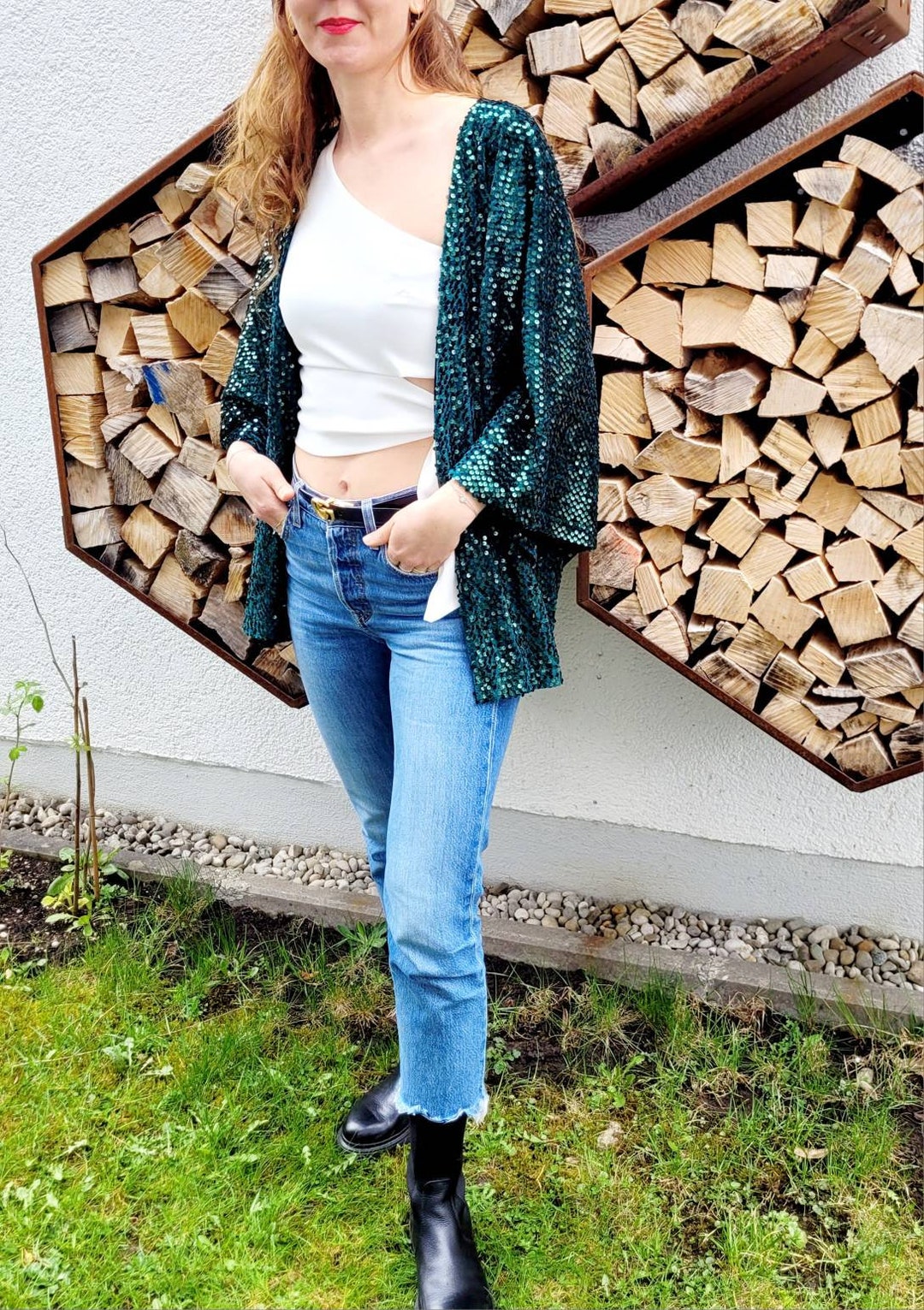 Green Sequin Velvet Cardigan Oversized Party Light Jacket, Coachella ...