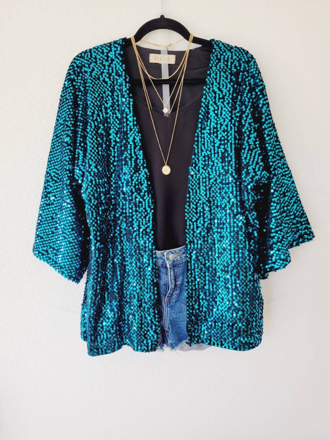 Customized Teal Sequin Jacket, Oversized Party Sparkling Jacket ...