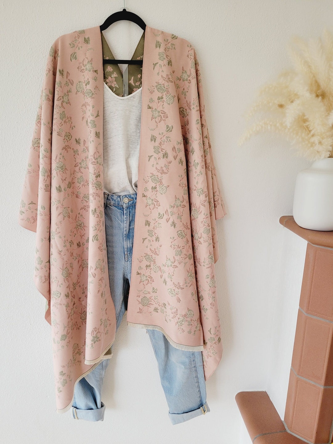 Green and Pink Warm Cardigan With Floral Print, Thick Cardigan, Spring ...