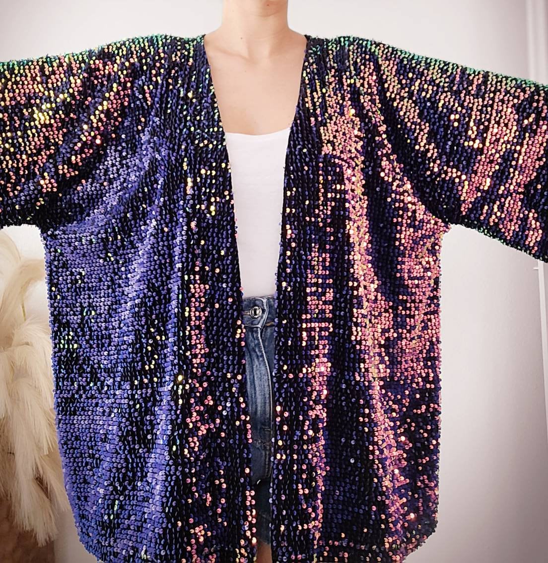 Customized Teal Sequin Jacket, Oversized Party Sparkling Jacket ...