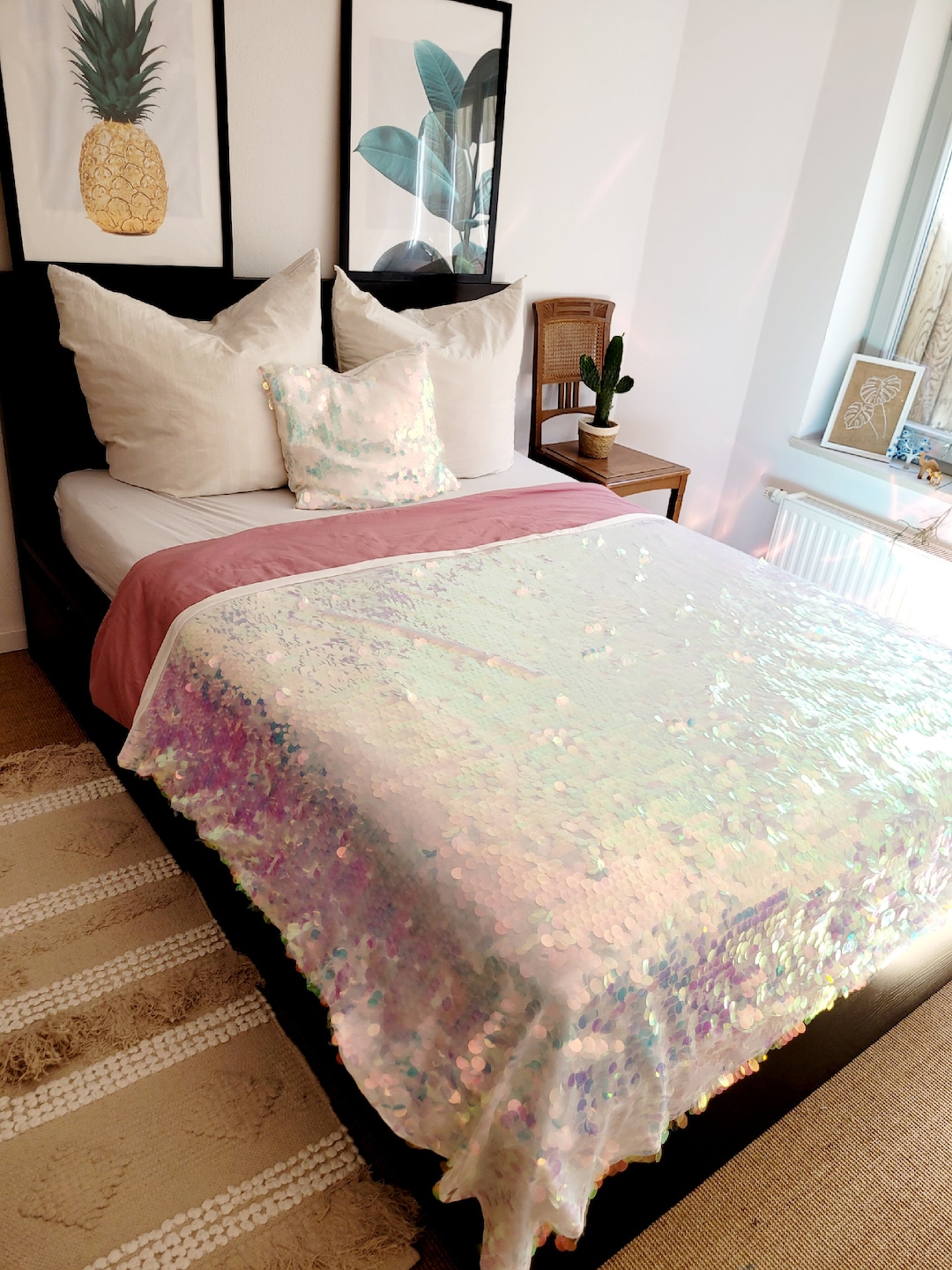 Extravagant Pink Sequin Bed Cover, Holographic Bed Runner, Glitter ...