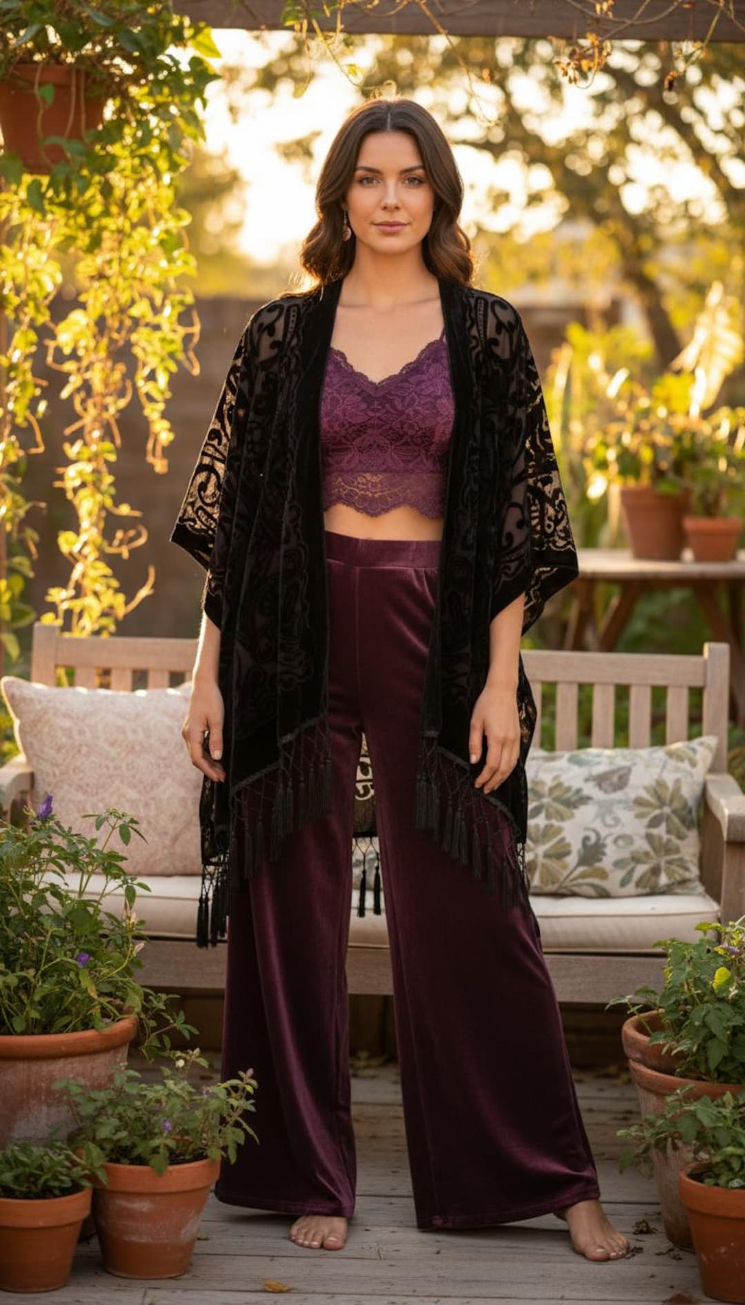 Black Burnout Velvet Cardigan With Tassels, Boho Kimono, Cardigan With ...