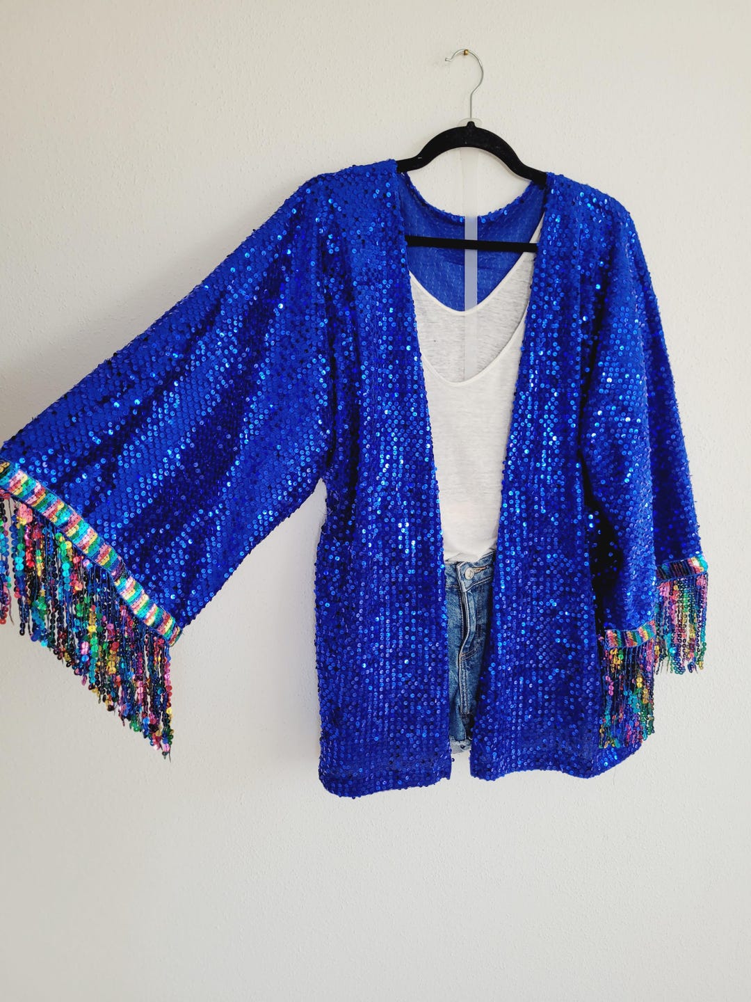 Unisex Customized Royal Blue Sequin Velvet Cardigan, Oversized Party ...