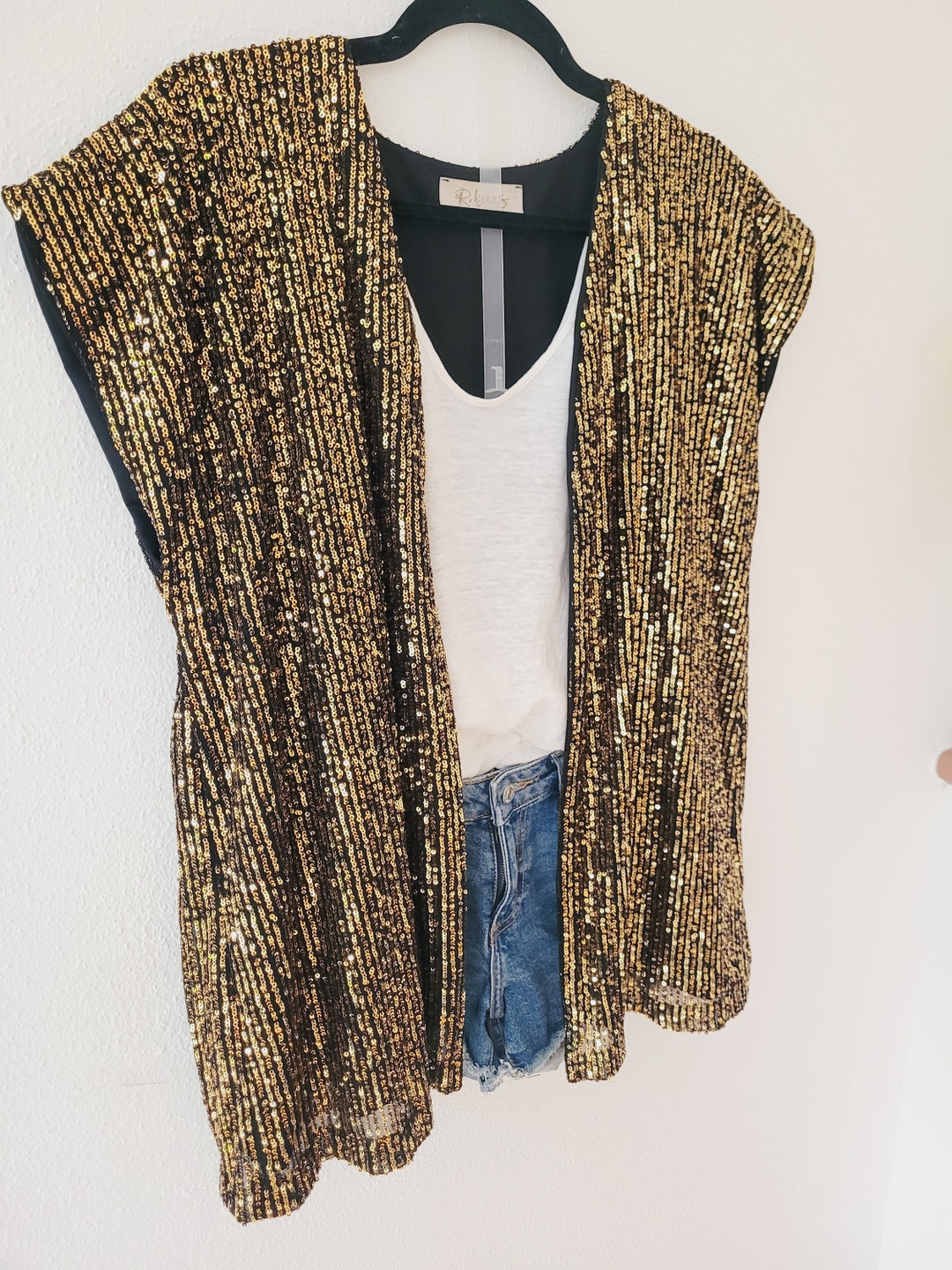 Customized Unisex Short Sequin Vest/ Long Sleevless Jacket/ Black Vest ...