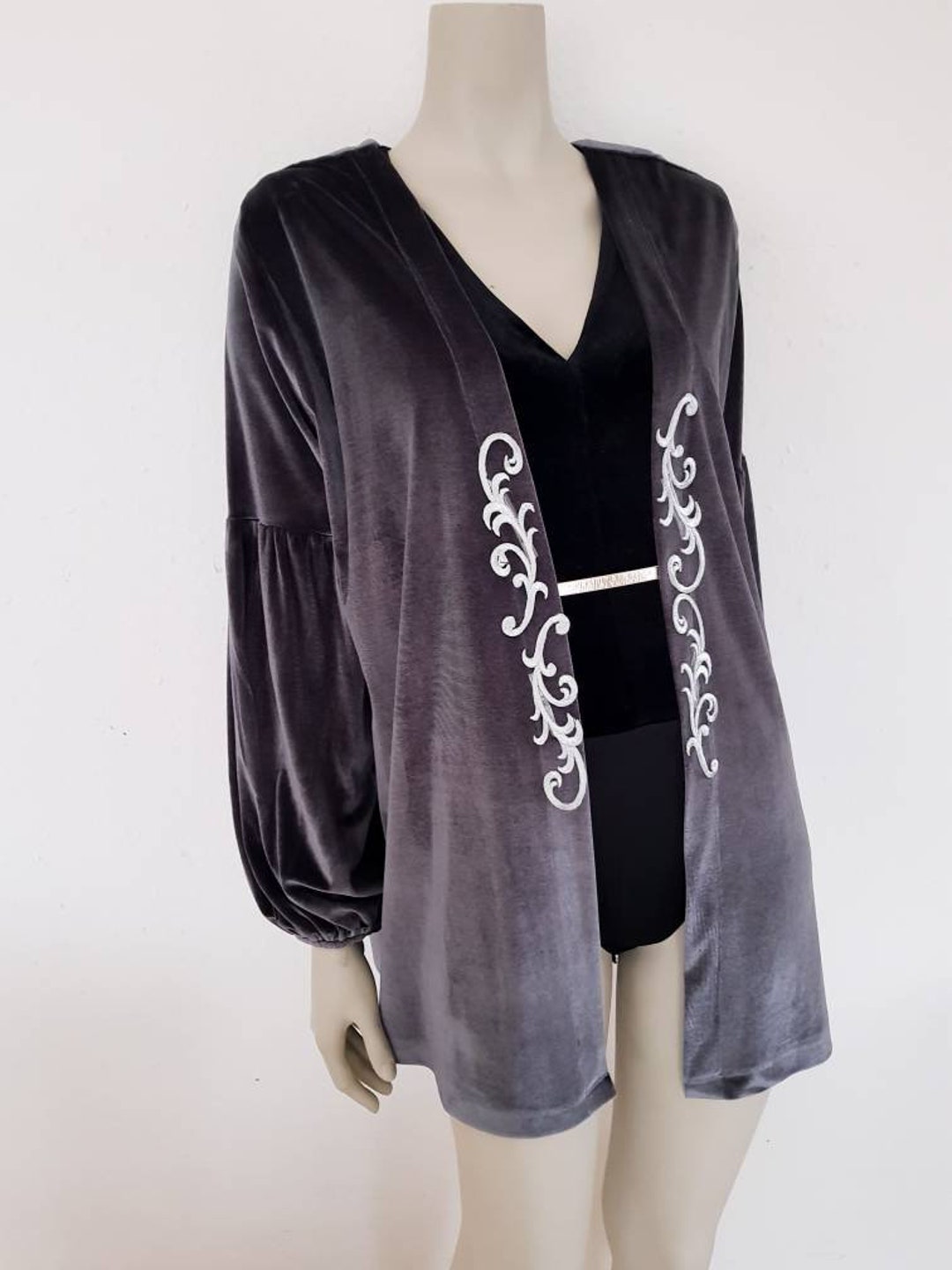 Velvet Cardigan Women, Gray Velvet Jacket, Loose Fit Cardigan, Balloon ...