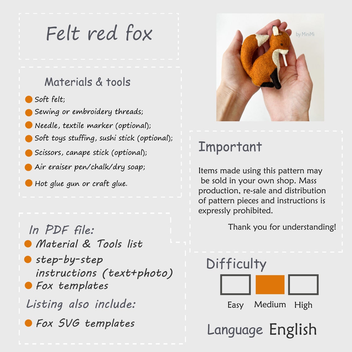 Woodland Felt Red Fox PDF Pattern, DIY Sewing Tutorial, SVG Template ...