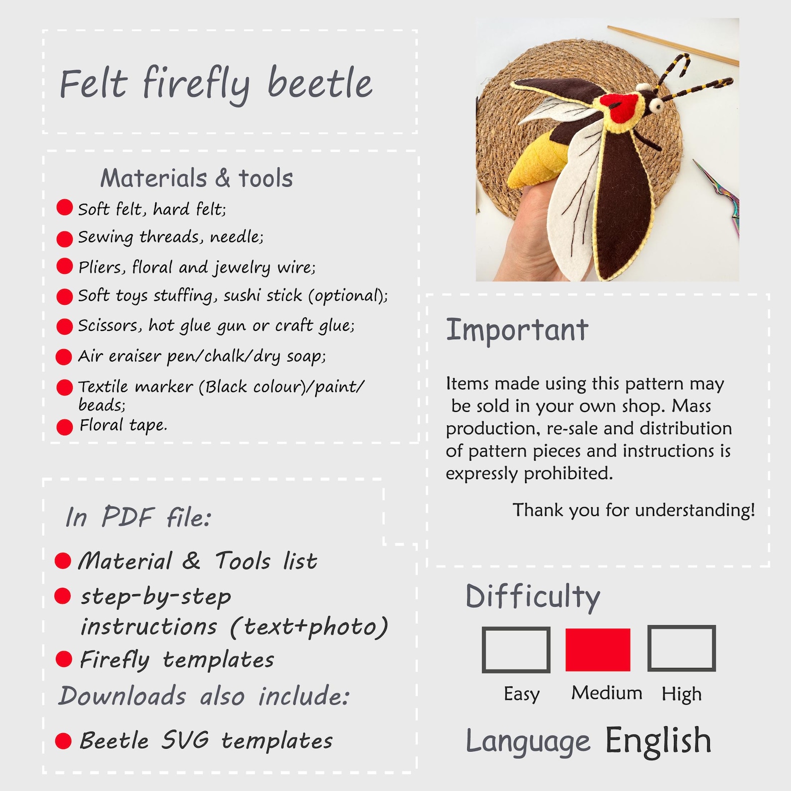 Felt Firefly Beetle Sewing Pattern | DIY Stuffed Bug PDF - Etsy
