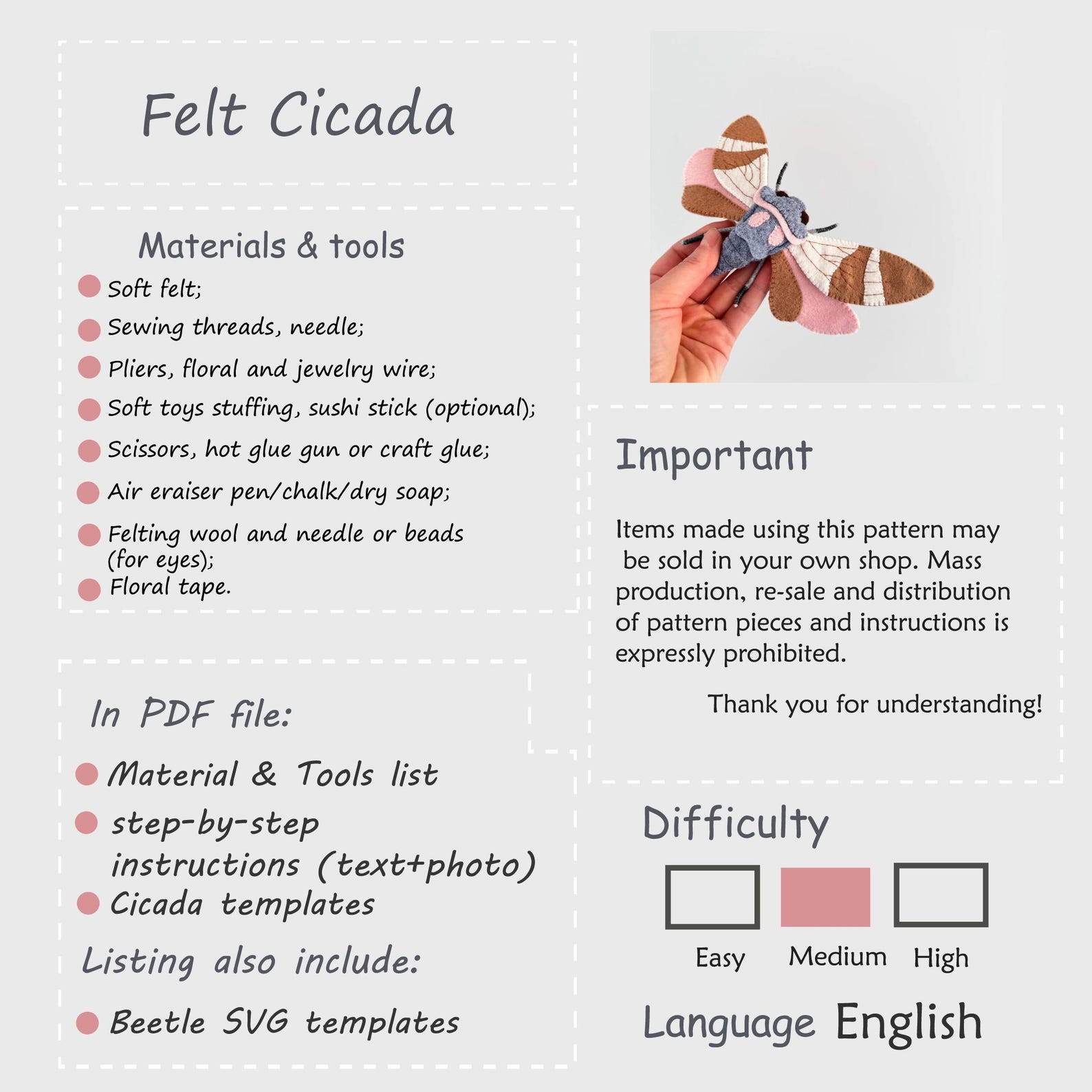 Summer Felt Cicada PDF Pattern, DIY Insect Sewing Tutorial, SVG ...