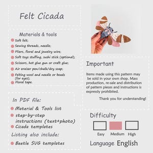Summer Felt Cicada PDF Pattern, DIY Insect Sewing Tutorial, SVG ...