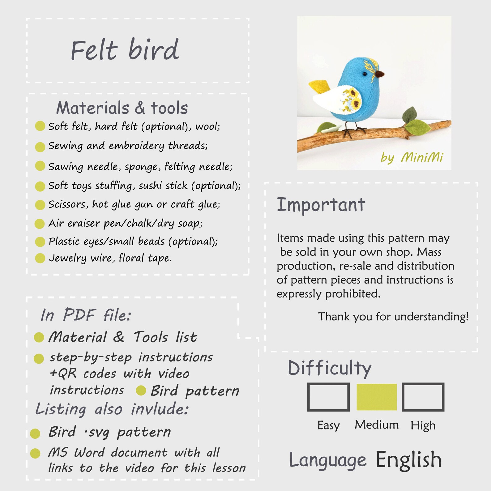 Felt 3d Bird With Embroidery PDF Pattern Download Sewing | Etsy