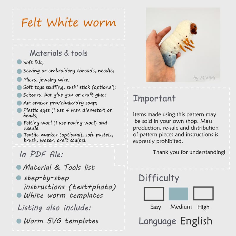 Realistic White Worm PDF Pattern Download, Sewing Tutorial. Beetle ...