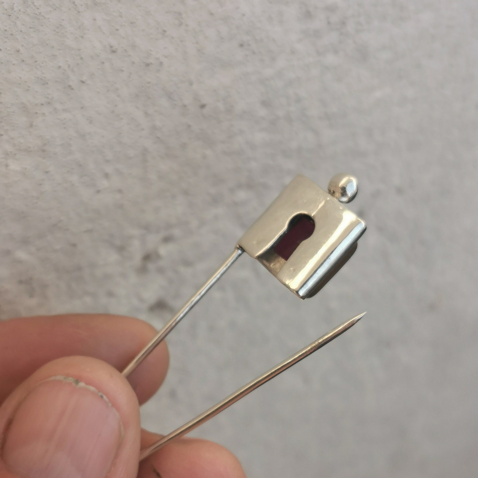 Pin - Brooch, Safety Pin. Made of Sterling Silver and Natural Red Beryl ...