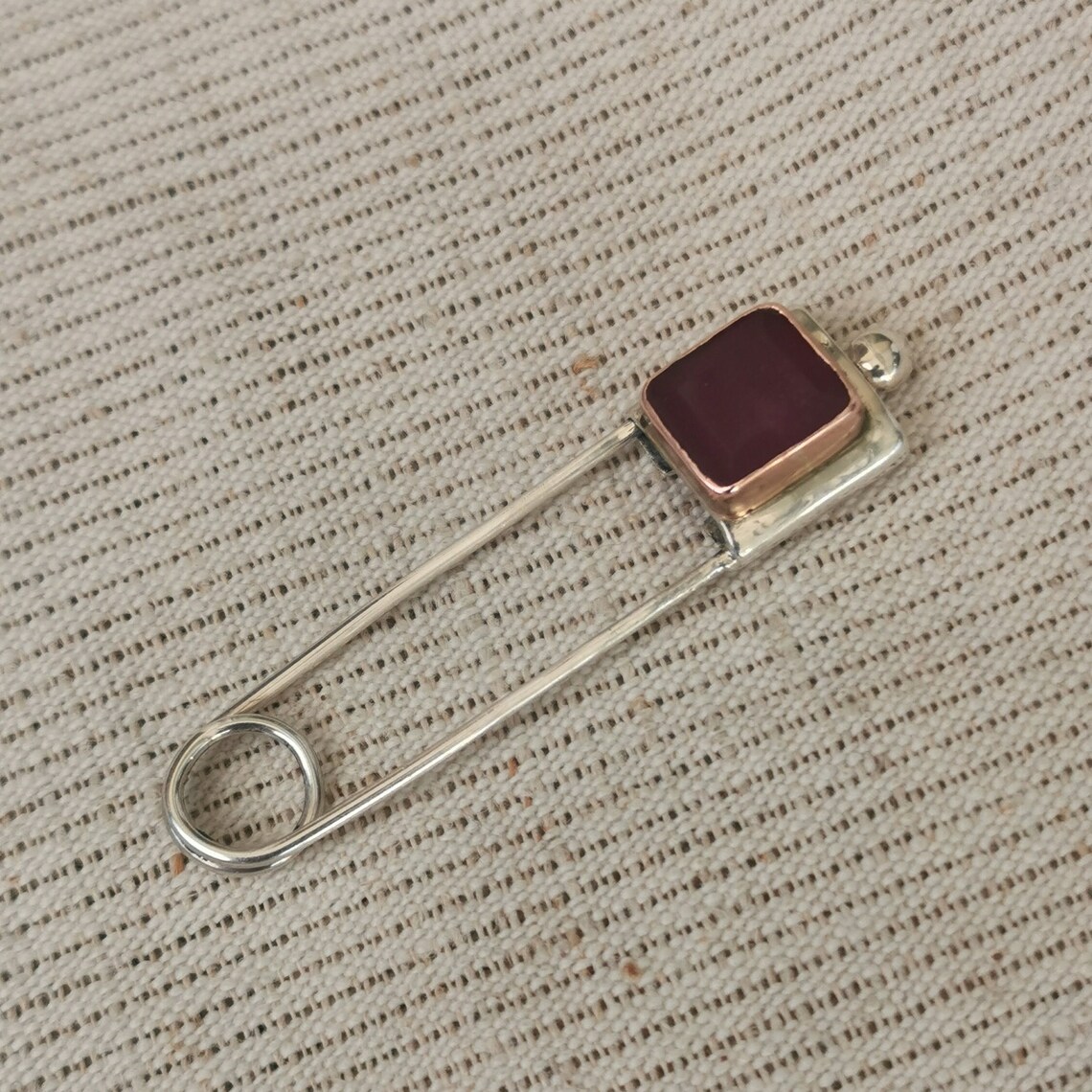 Pin - Brooch, Safety Pin. Made of Sterling Silver and Natural Red Beryl ...