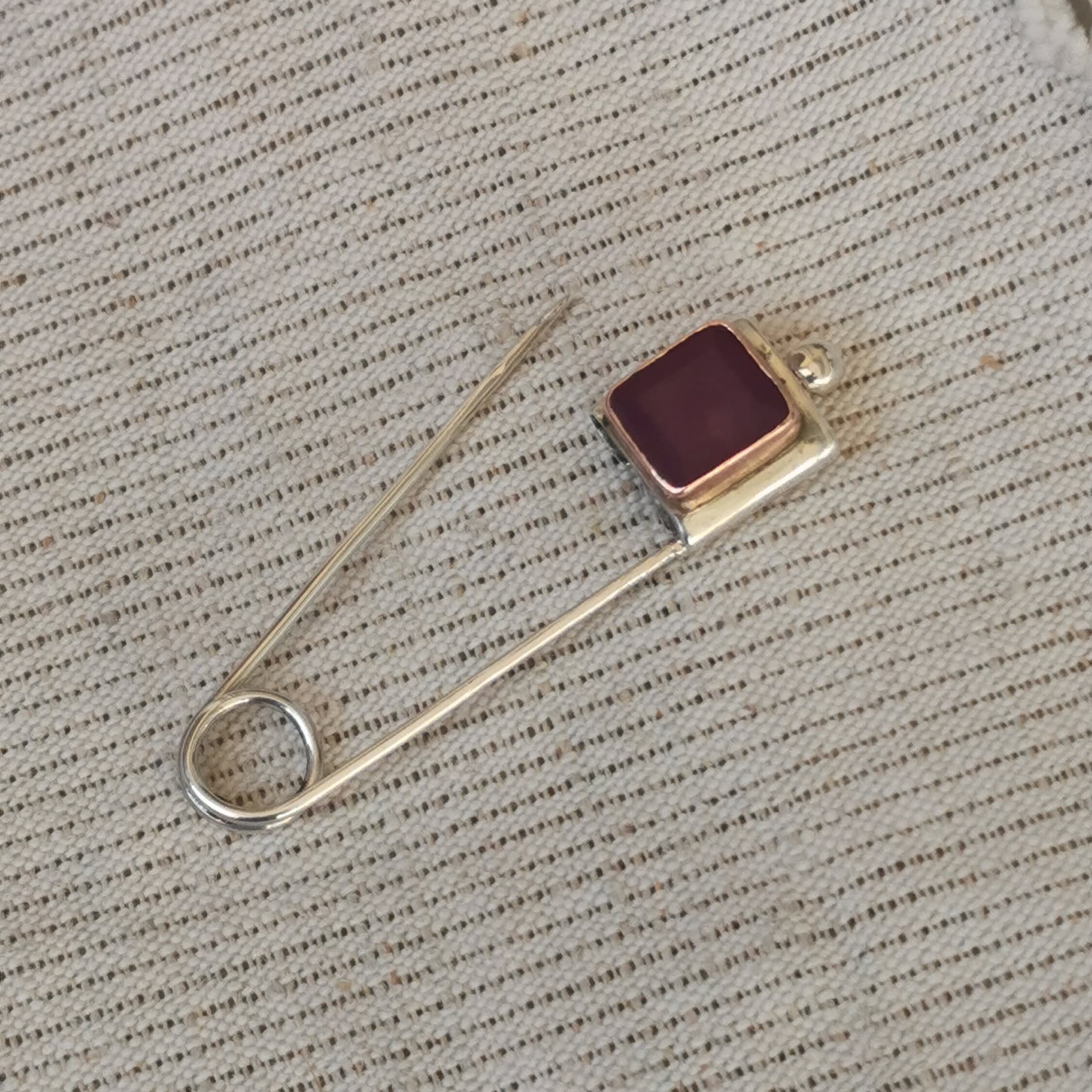 Pin - Brooch, Safety Pin. Made of Sterling Silver and Natural Red Beryl ...