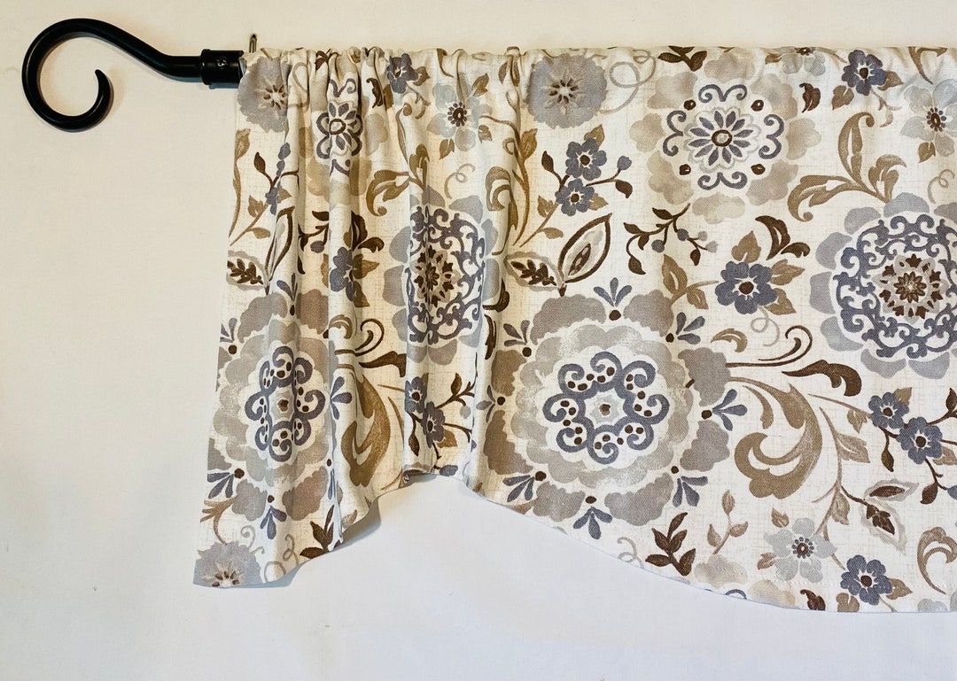 Window Valance in Gray and Beige Modern Floral. Cafe Curtains to Match ...