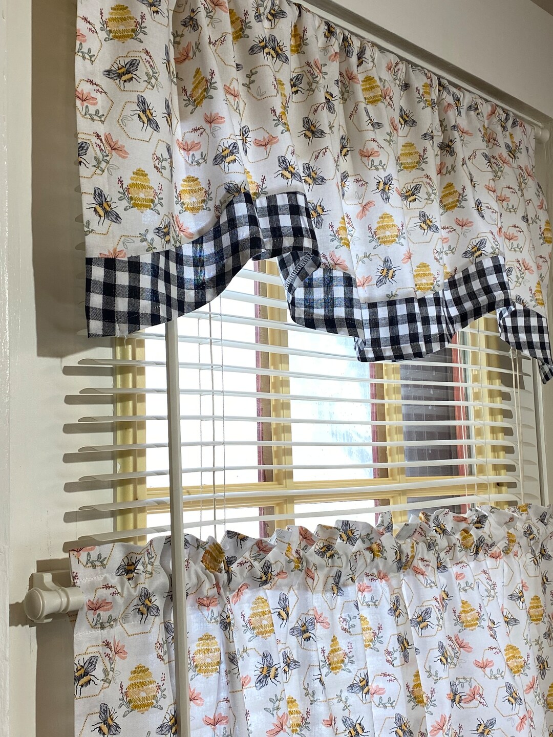 Bee Window Valance With Matching Cafe Curtains. Custom Order Sizes ...