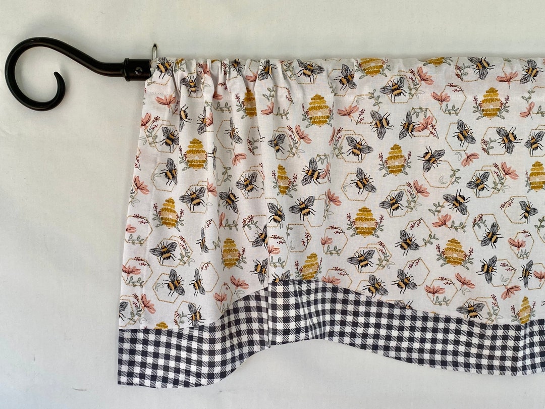 FARMHOUSE BEE VALANCE. Beehives, Beekeeper, Honey, Gray Check, Kitchen ...
